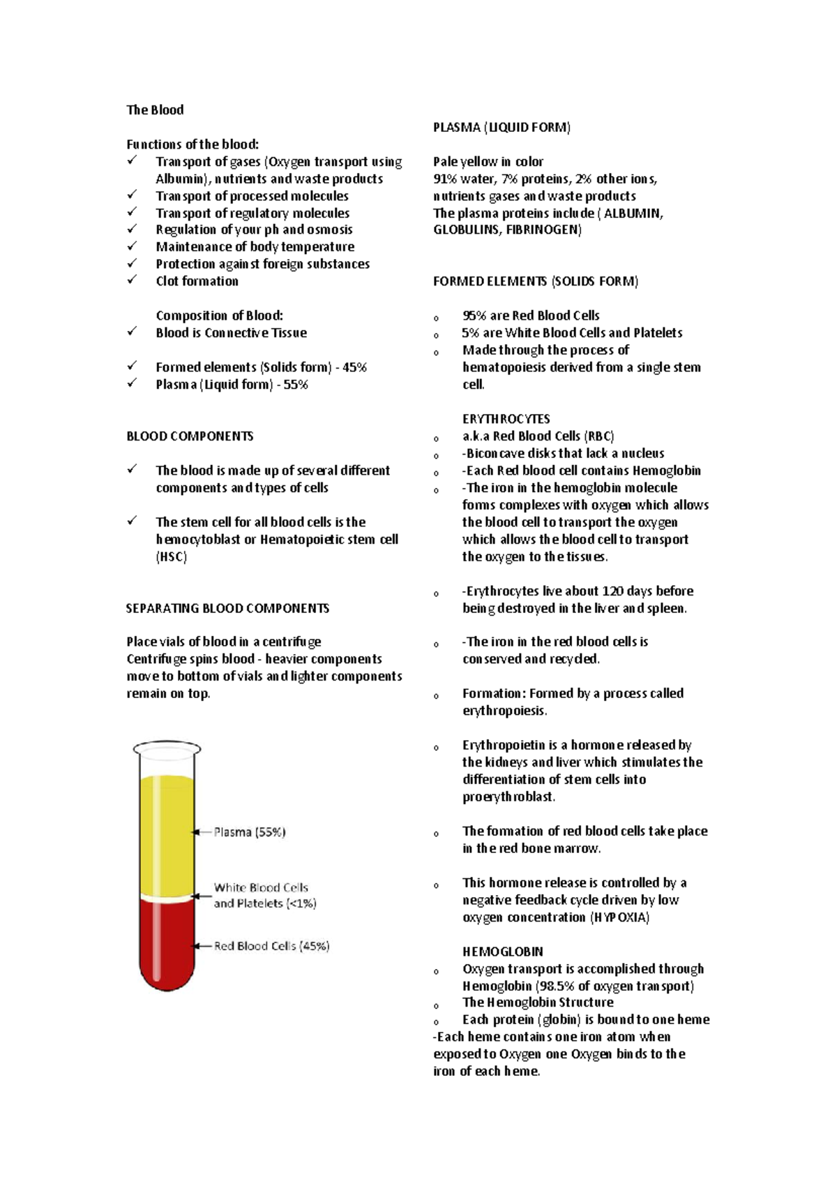 Hematology Study Notes: Blood Functions and Components - Studocu
