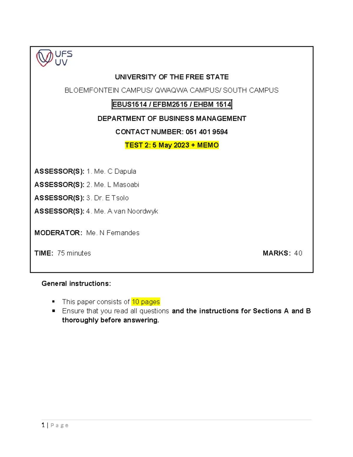 EBUS1514 EFBM2515 EHBM1514 Test 2 Memo - May 2023 - Studocu