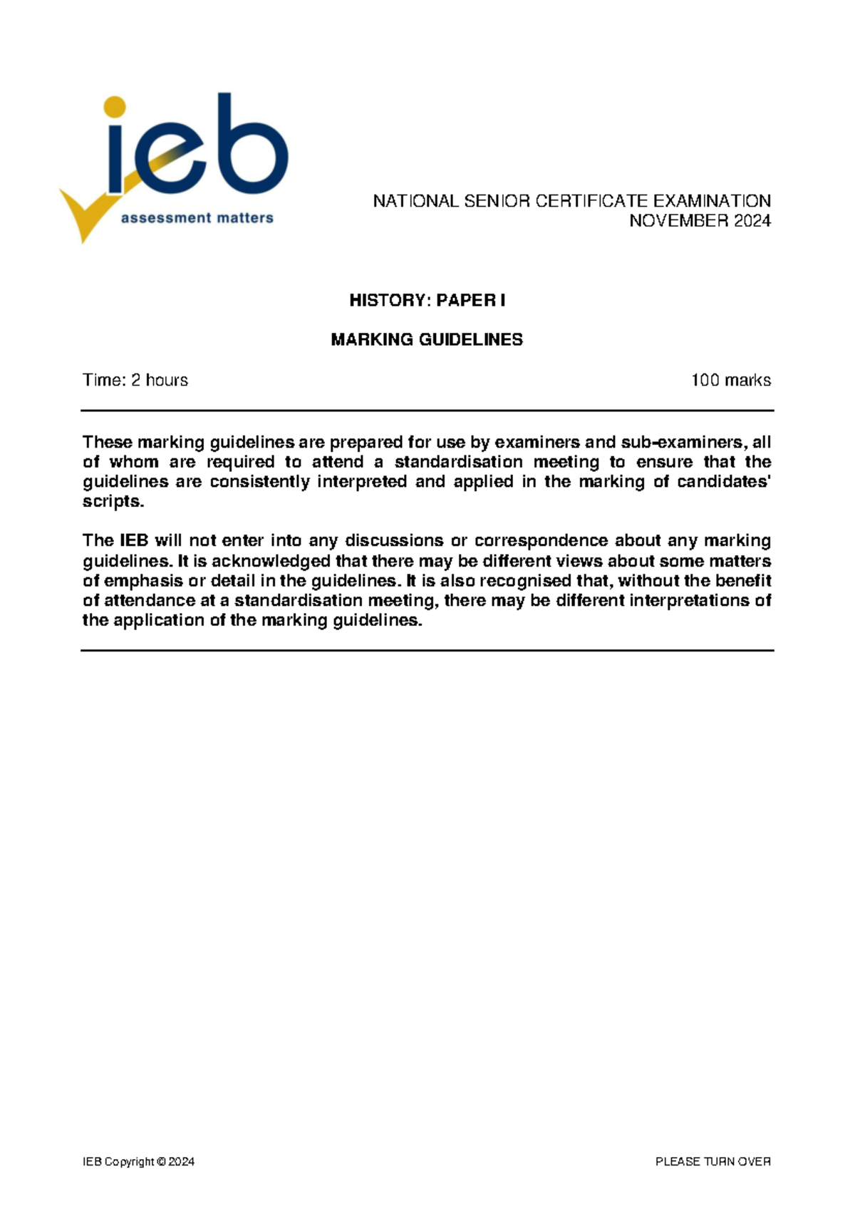 NSC History P1 Marking Guidelines November 2024 - Studocu