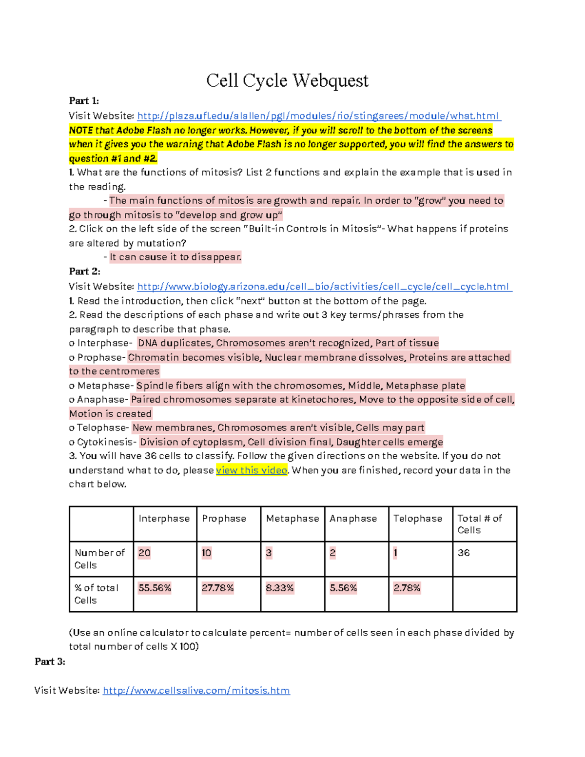 Cell Cycle Webquest (Biology 101) - Understanding Mitosis Phases - Studocu