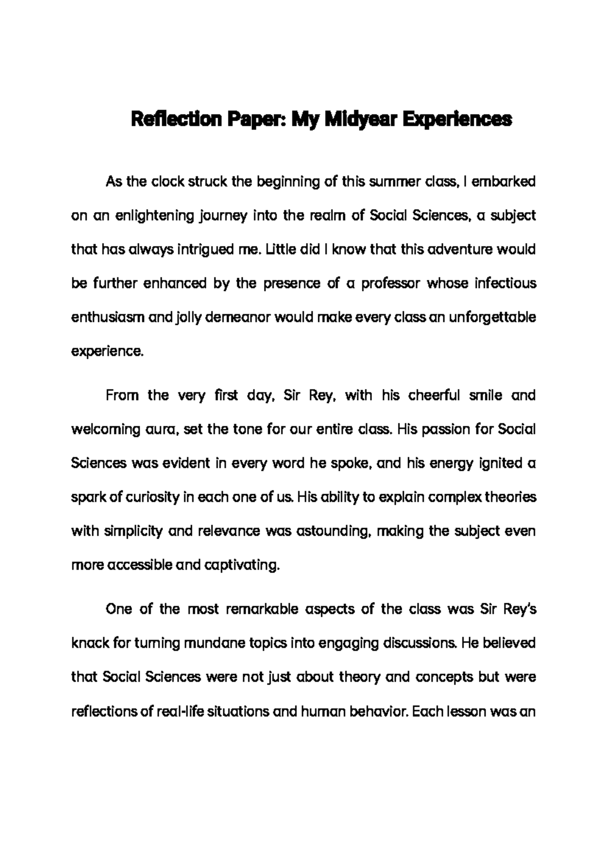 Reflection during midyear - Reflection Paper: My Midyear Experiences As ...