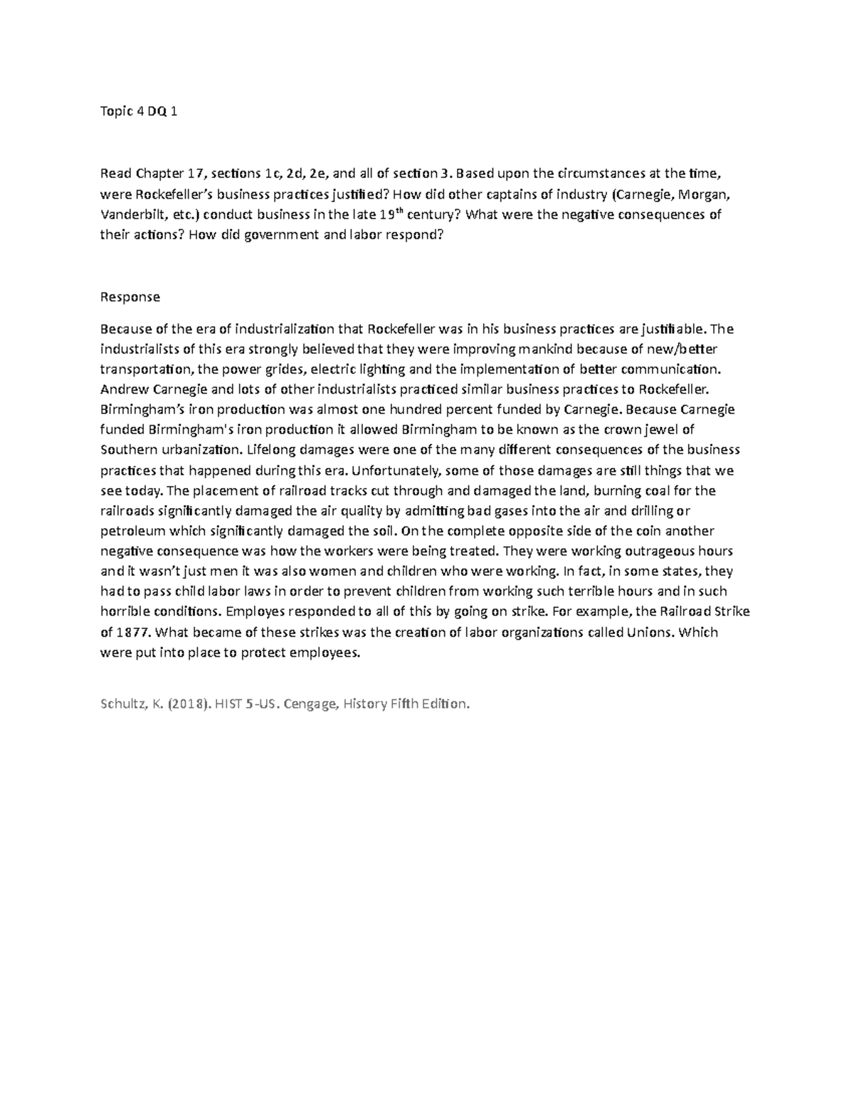 HIST 5-US Topic 4 Discussion: Rockefeller & Industrial Practices - Studocu