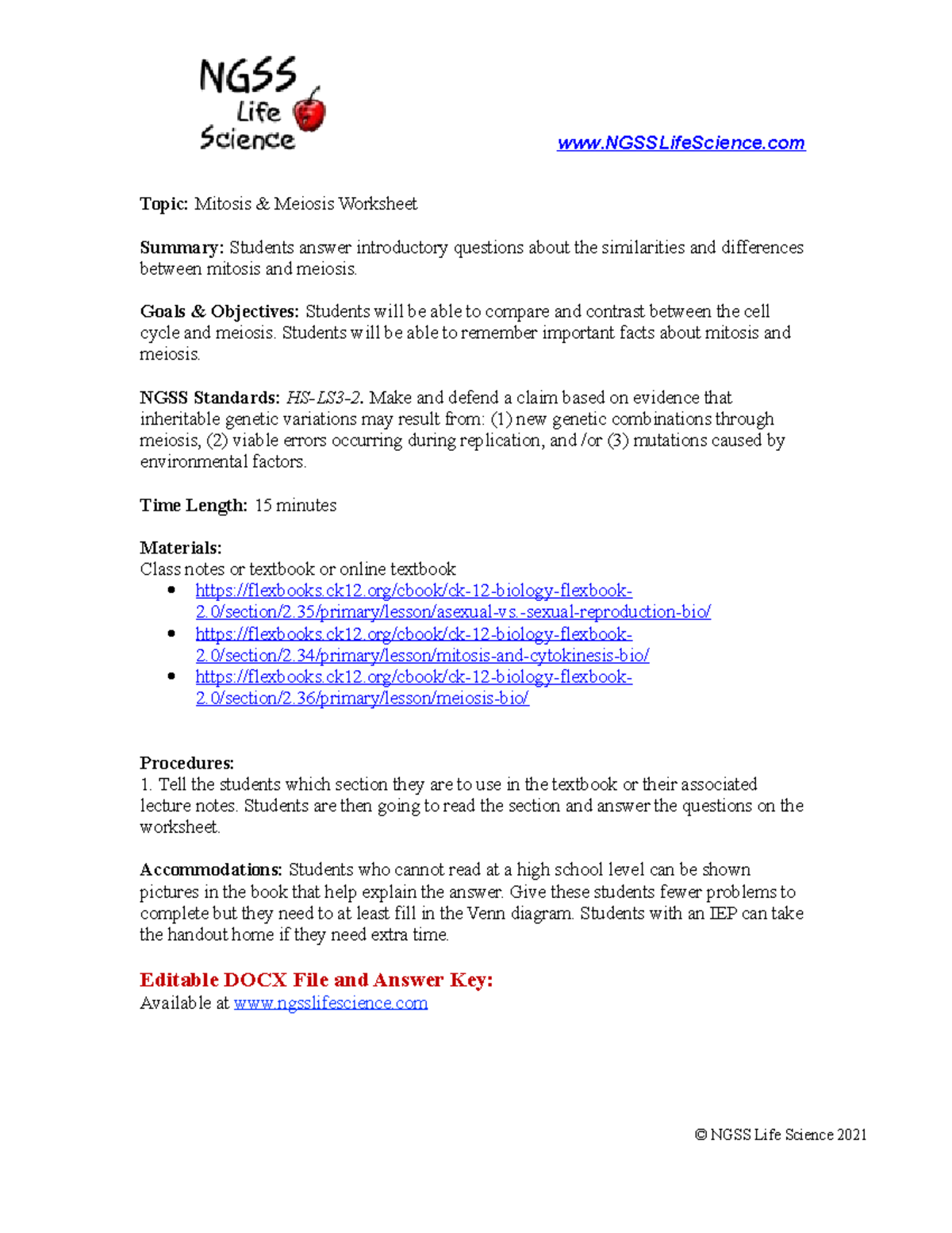 Mitosis & Meiosis Worksheet (NGSS HS-LS3-2) - Studocu