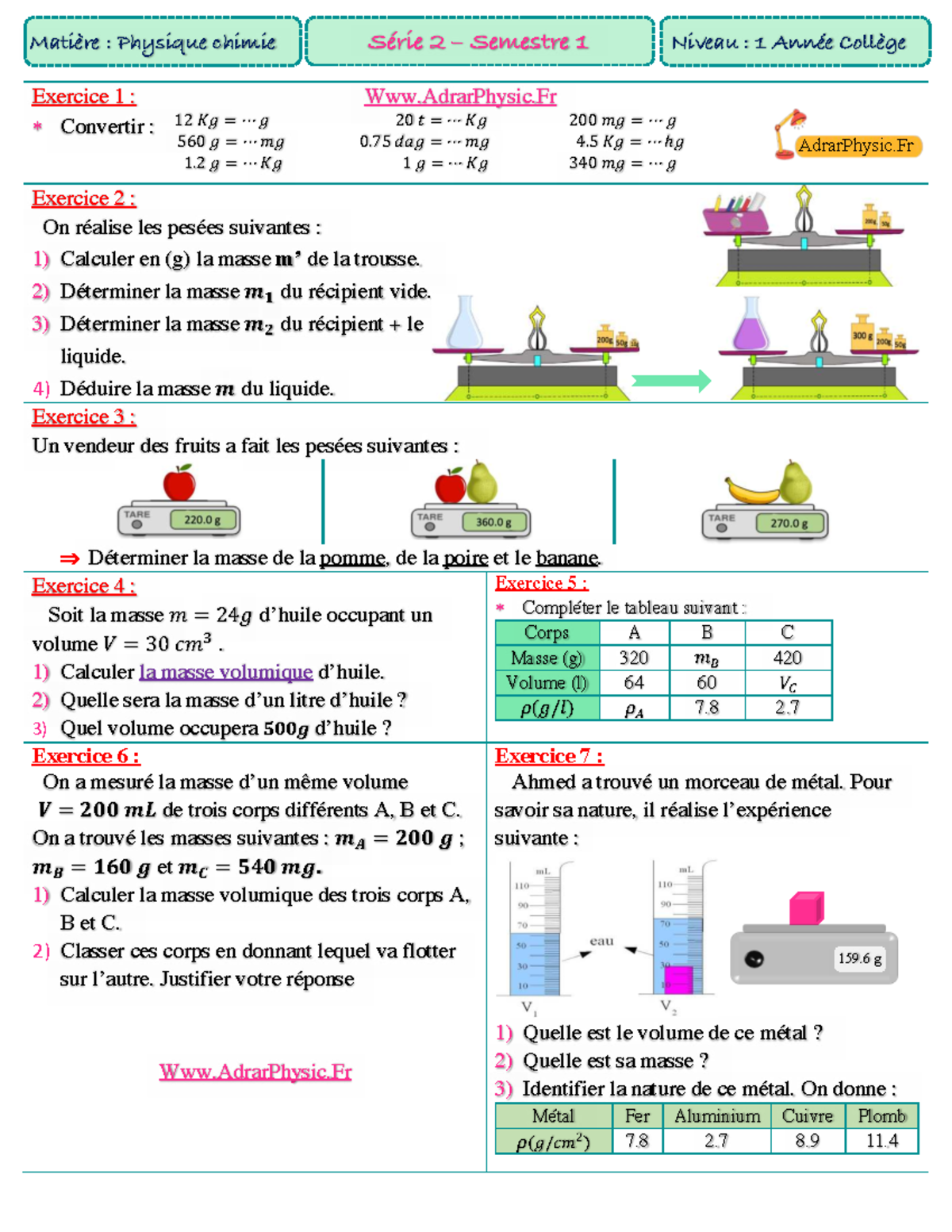 Physique Chimie S2 S1 Exercice 1-7: Masse, Volumique & Pression - Studocu