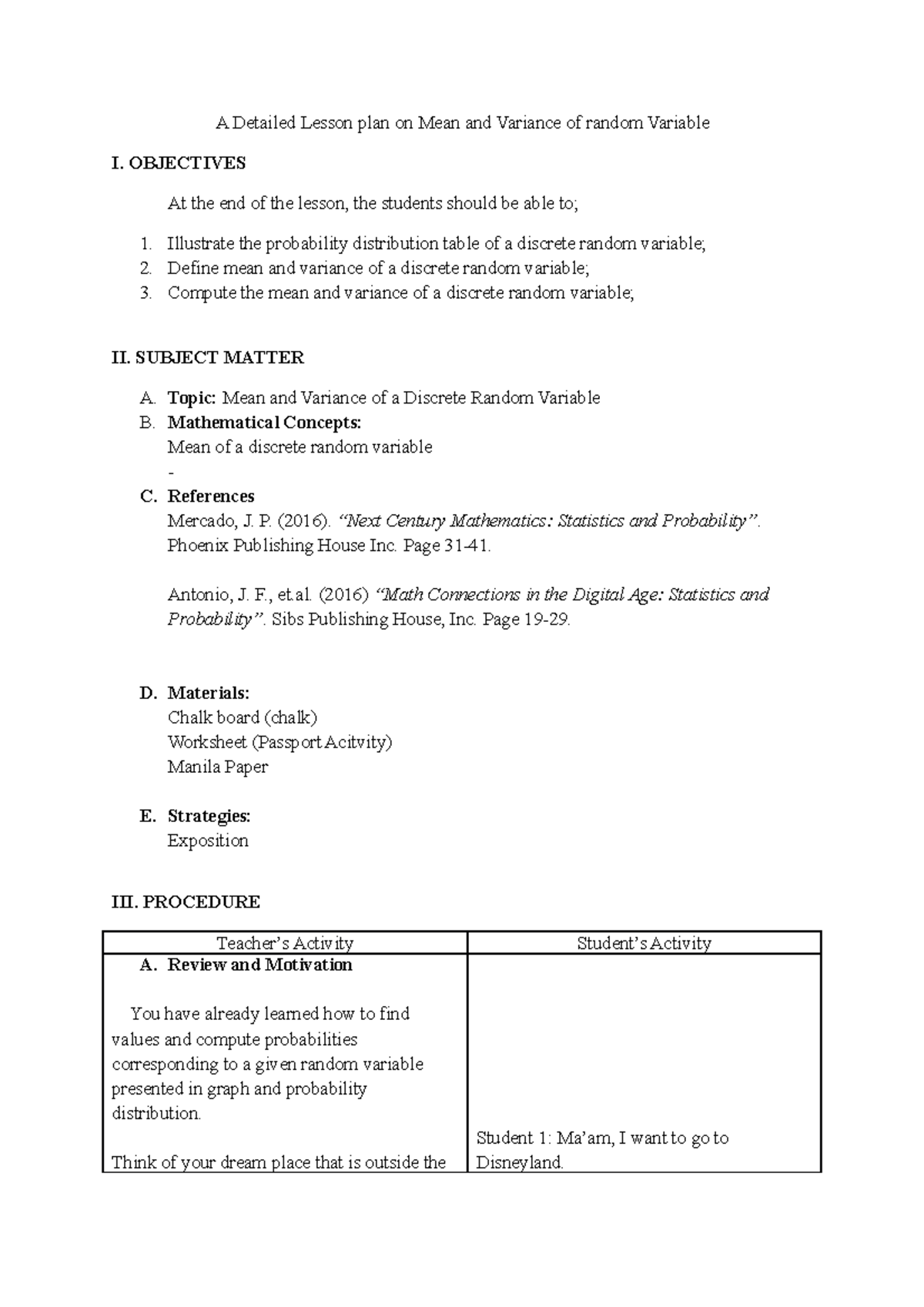 Detailed Lesson Plan on Mean and Variance of Random Variables - Studocu