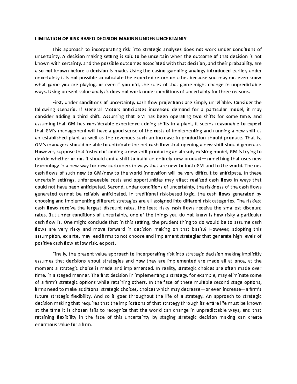 Limitation OF RISK Based Decision Making Under Uncertainly - LIMITATION ...