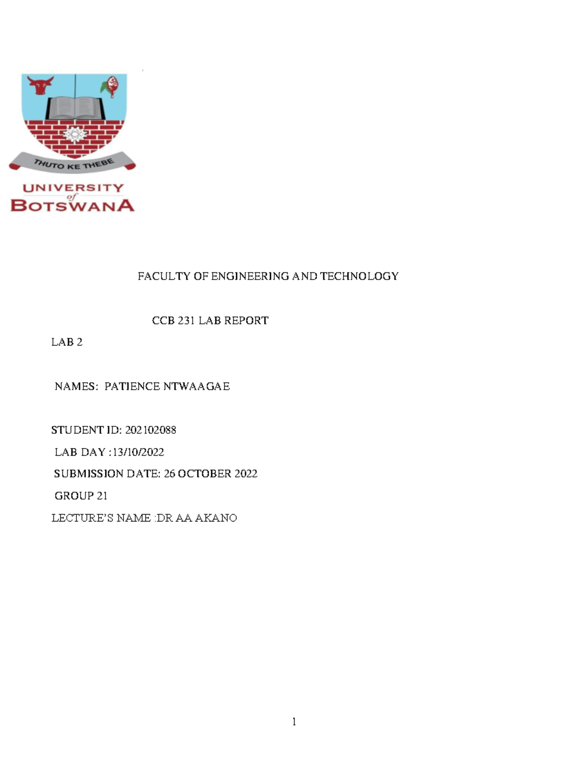 Ccb231 lab 2 - Notes - FACULTY OF ENGINEERING AND TECHNOLOGY CCB 231 ...