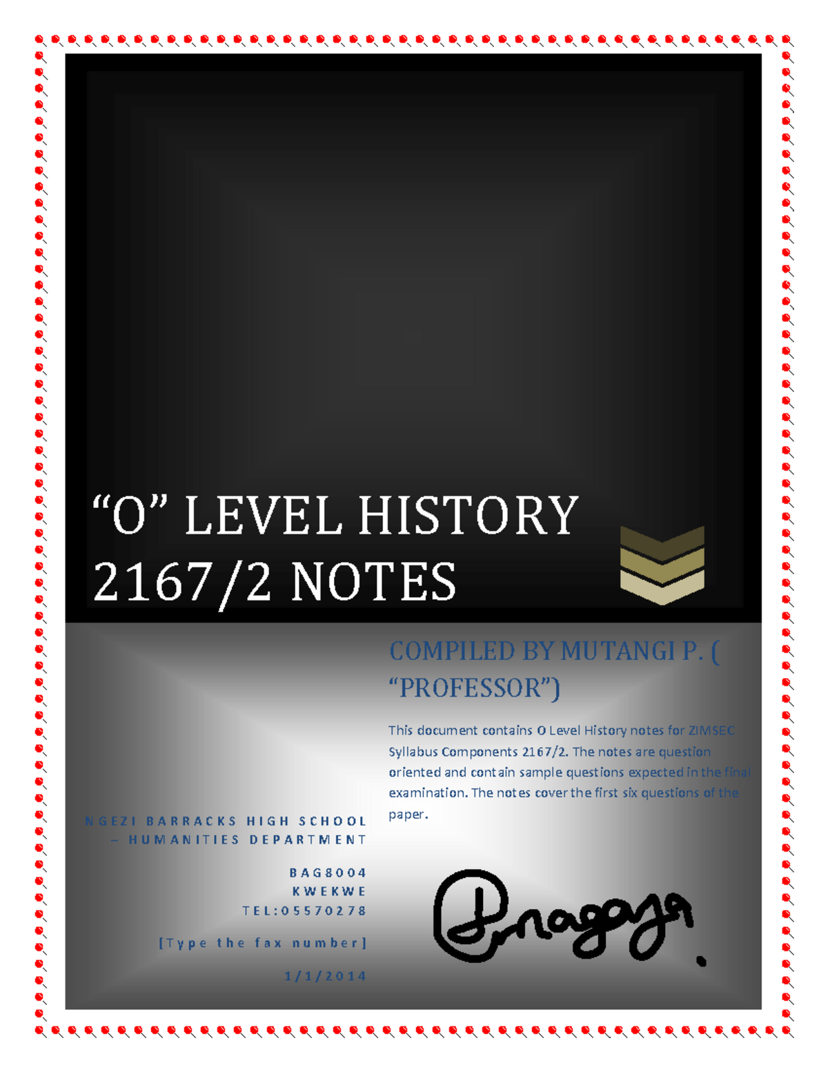 O Level History Notes: ZIMSEC 2167/2 Final Exam Insights - Studocu