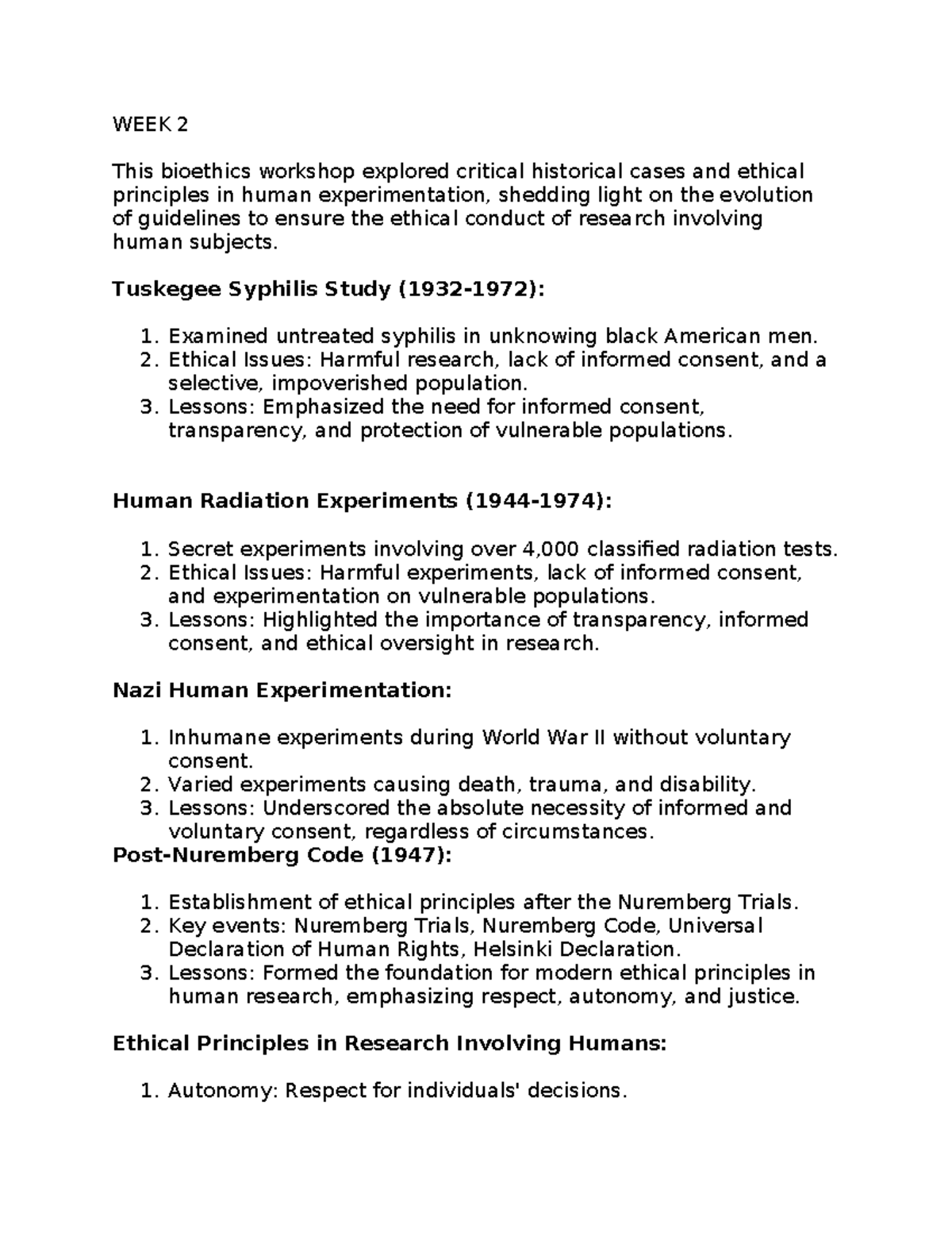 AMED 3888 - Ethics in Human Experimentation Workshop Notes - Studocu