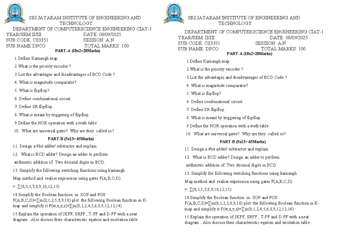 CS3351 DPCO - Karnaugh Maps, Flip-Flops & Circuit Design Notes - Studocu