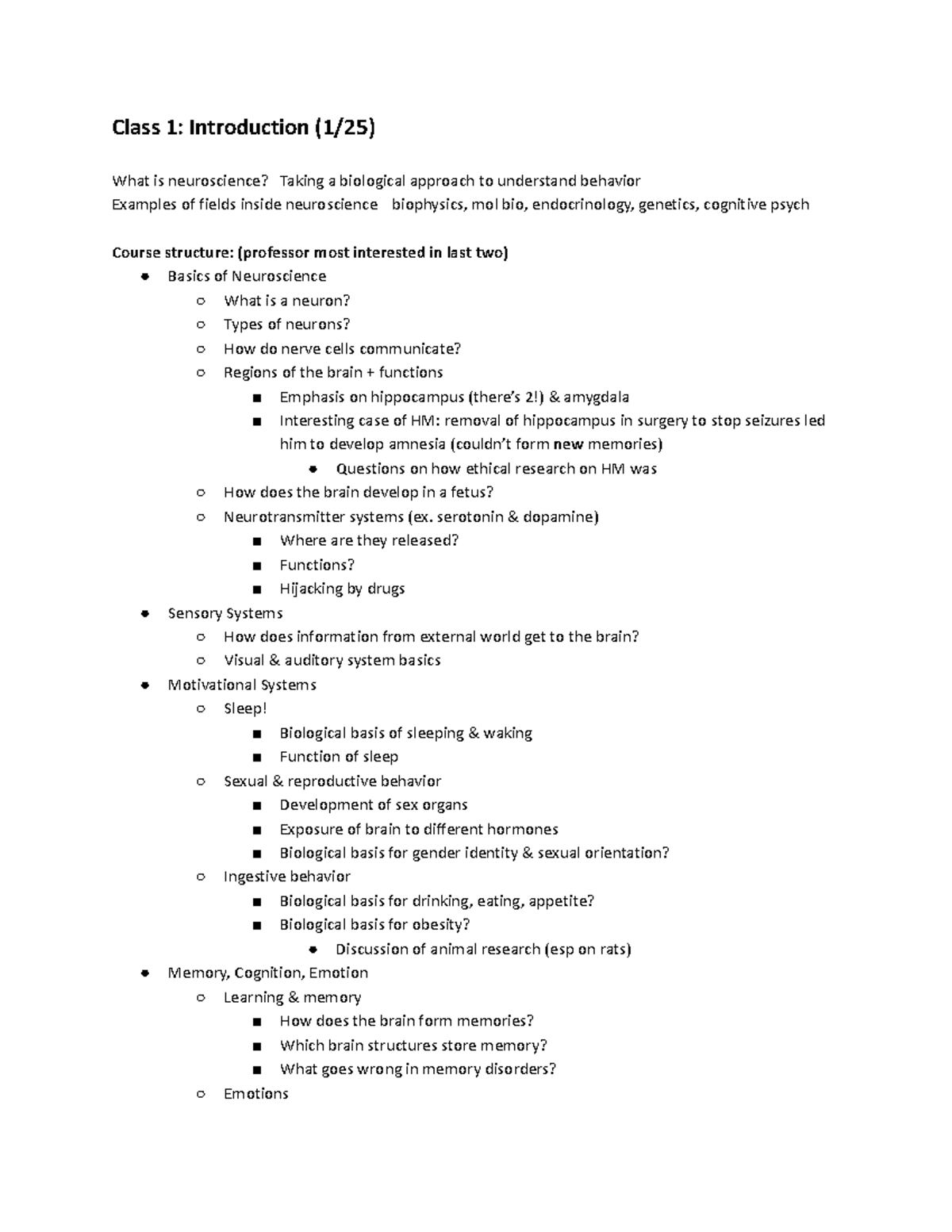 Neuroscience Class 1 Lecture Notes: Introduction to Neuroscience - Studocu