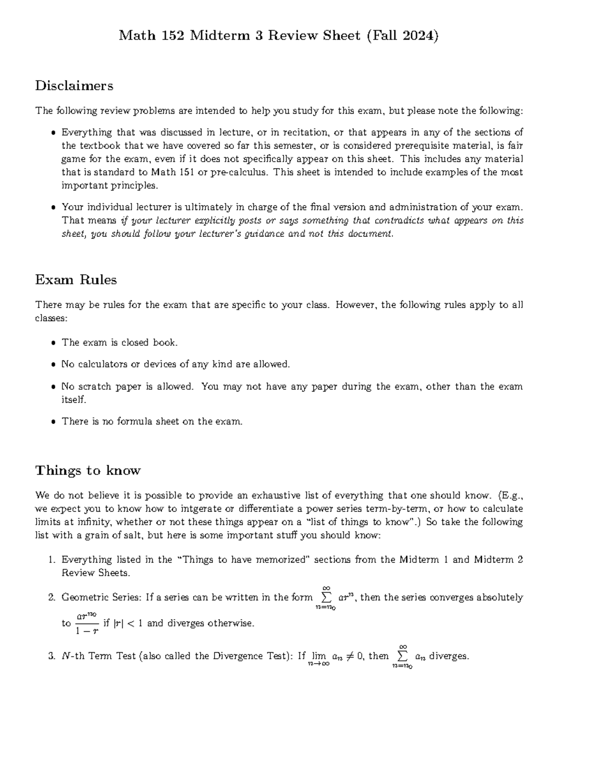 Math 152 Midterm 3 Review Sheet (Fall 2024) - Studocu
