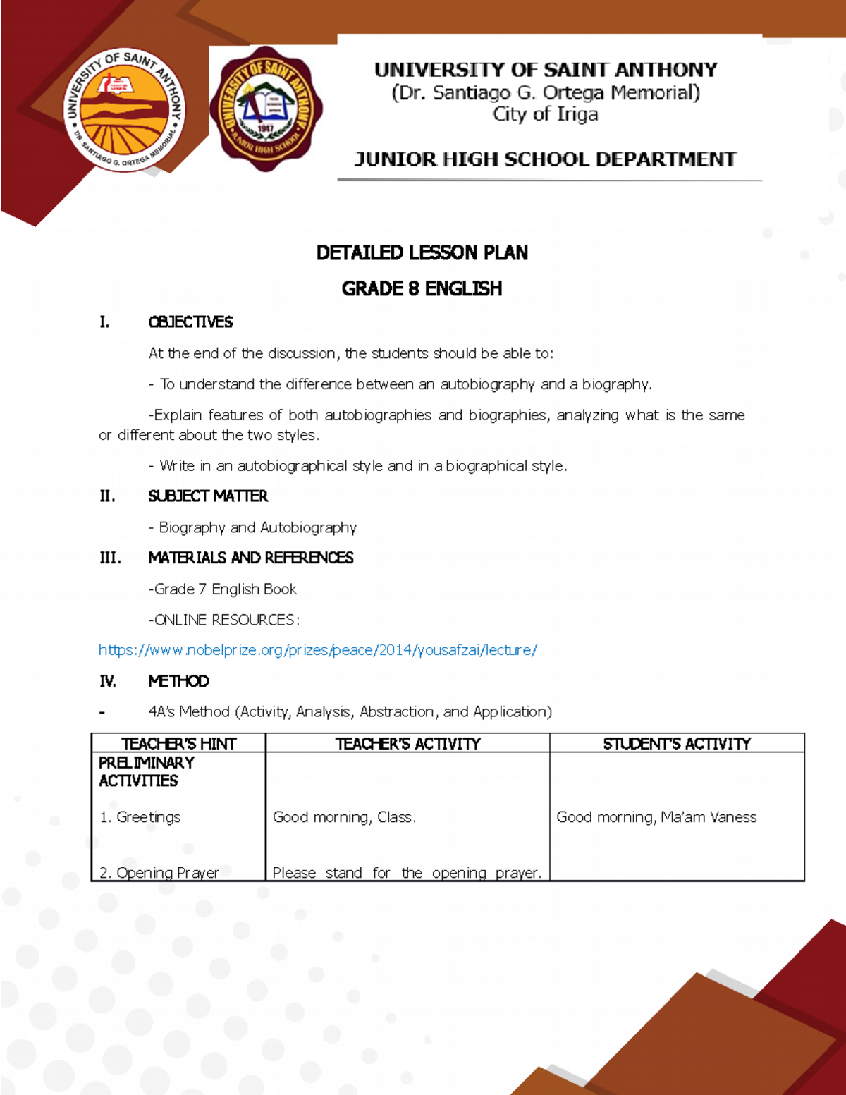 DLP 8th Grade English - Biography vs Autobiography Lesson Plan - Studocu