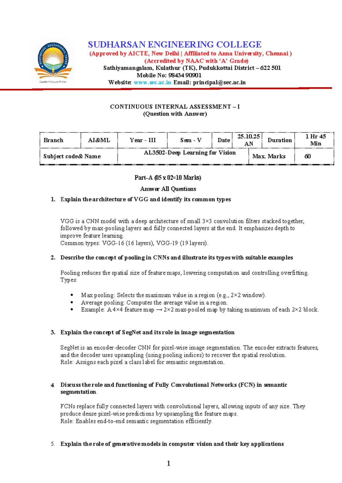 CIA 2 - AL3502 DL V Question Paper with Answer Key (2024-25) - Studocu