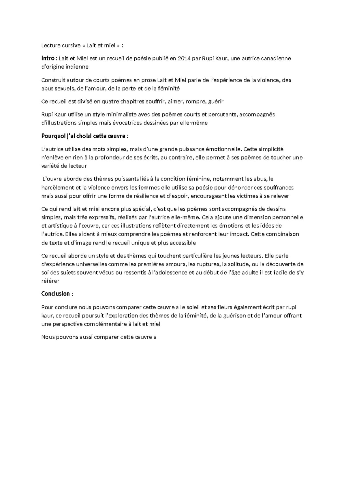 Lecture Cursive : Analyse de "Lait et Miel" de Rupi Kaur - Studocu