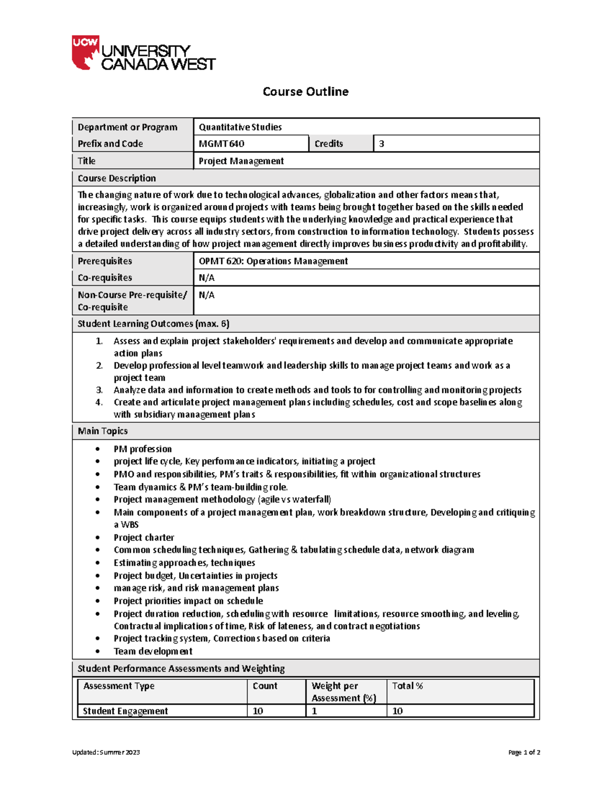 MGMT 640 - Project Management Course Outline and Syllabus - Studocu