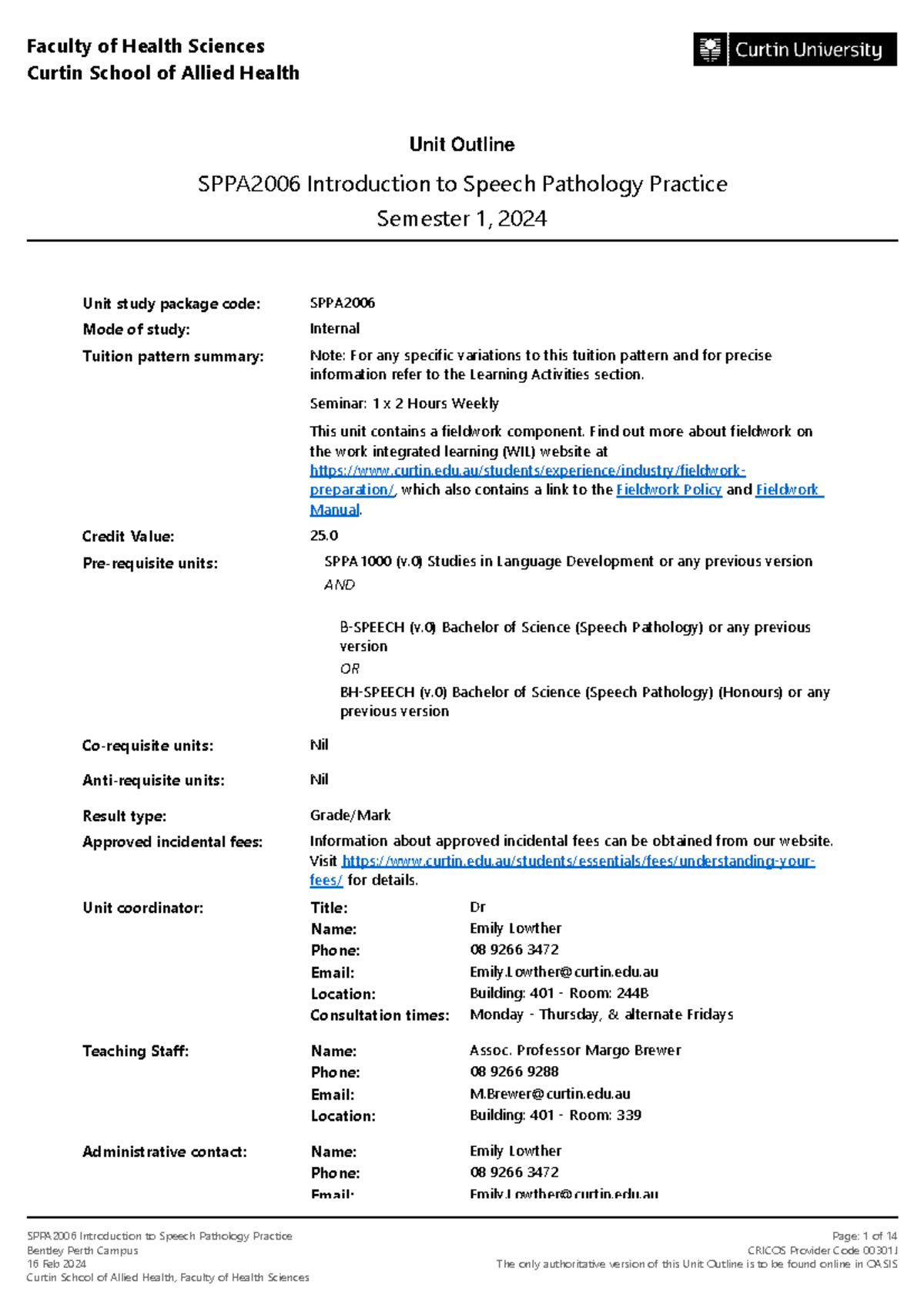SPPA2006 Unit Outline: Introduction to Speech Pathology Practice ...