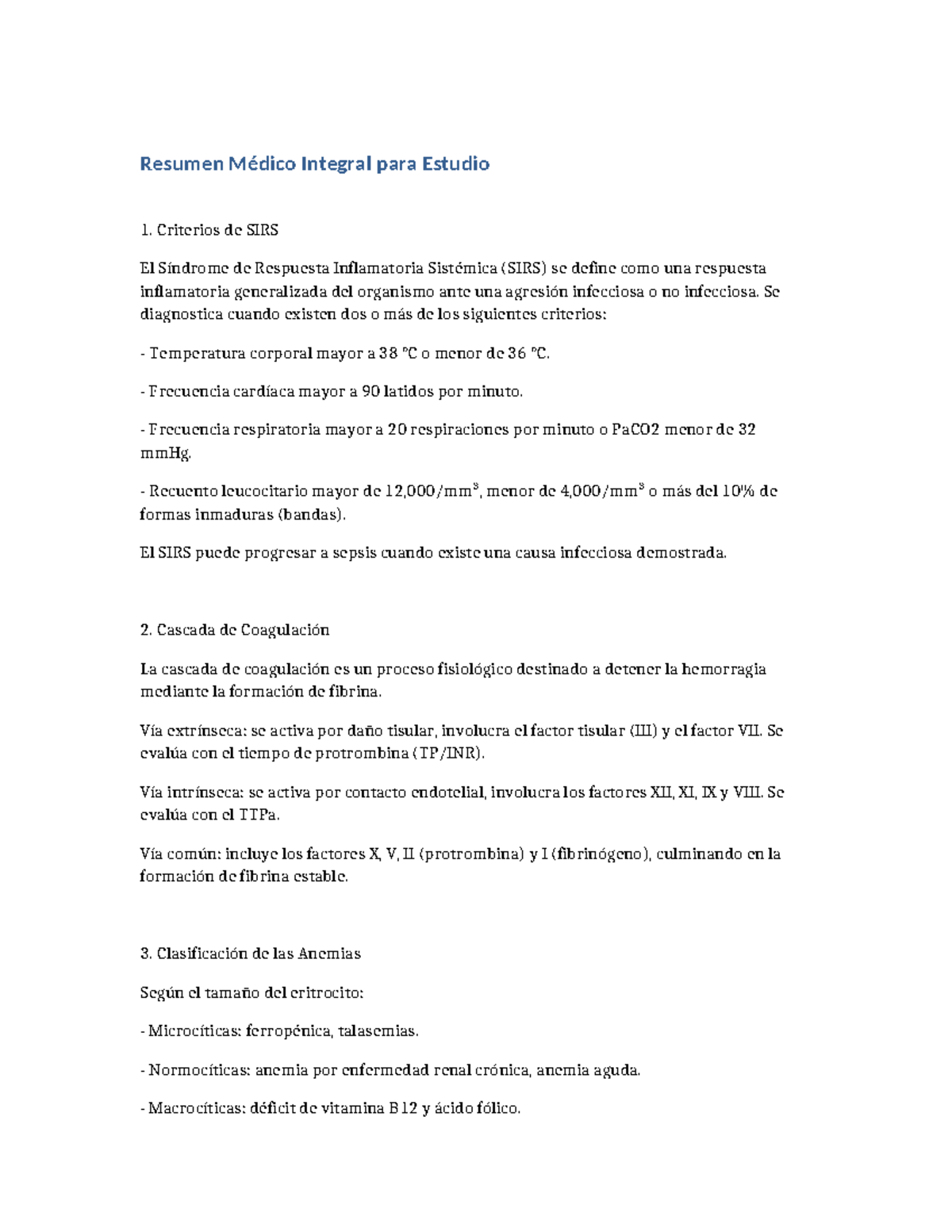 Resumen Médico Integral para Estudio 1: SIRS y Más - Studocu