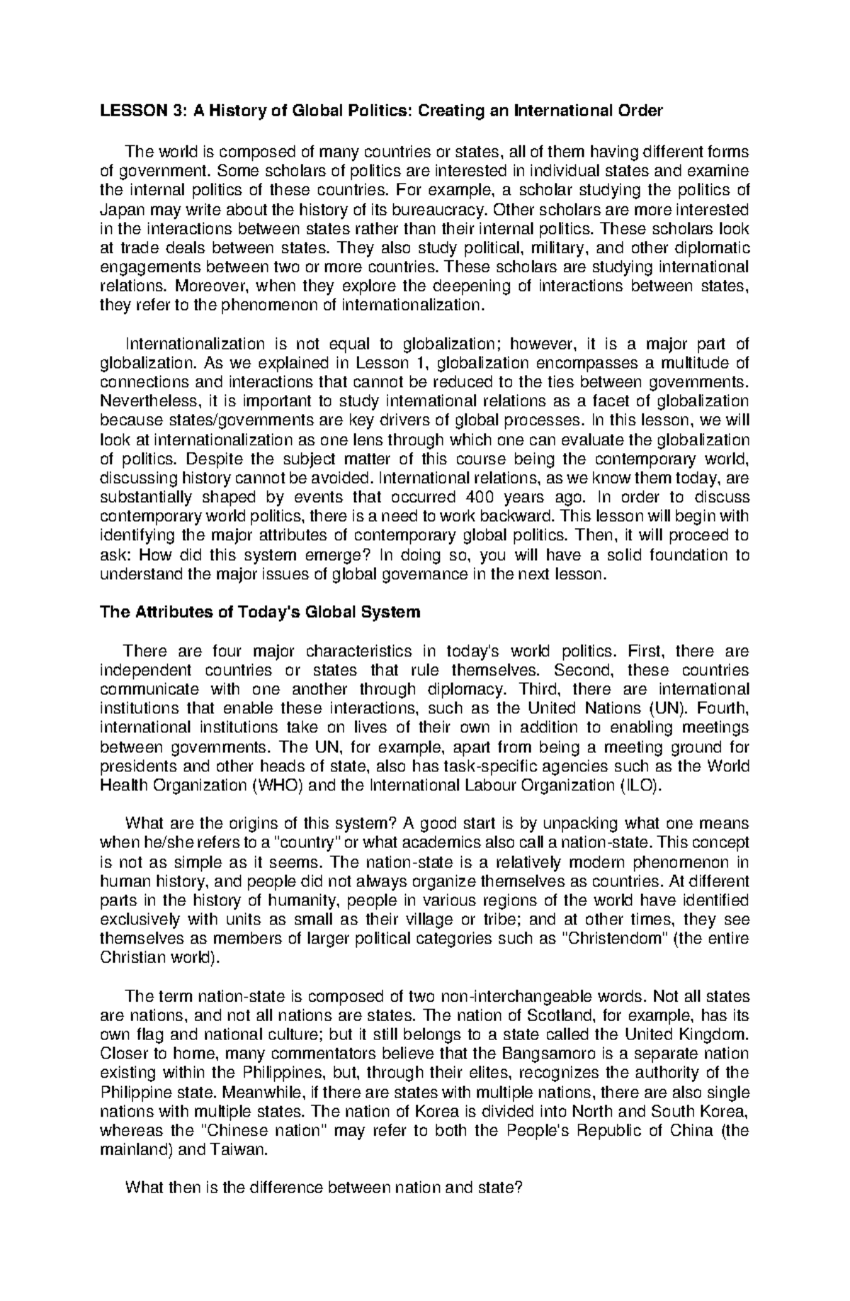 Lesson 3-5: A History of Global Politics and International Order - Studocu