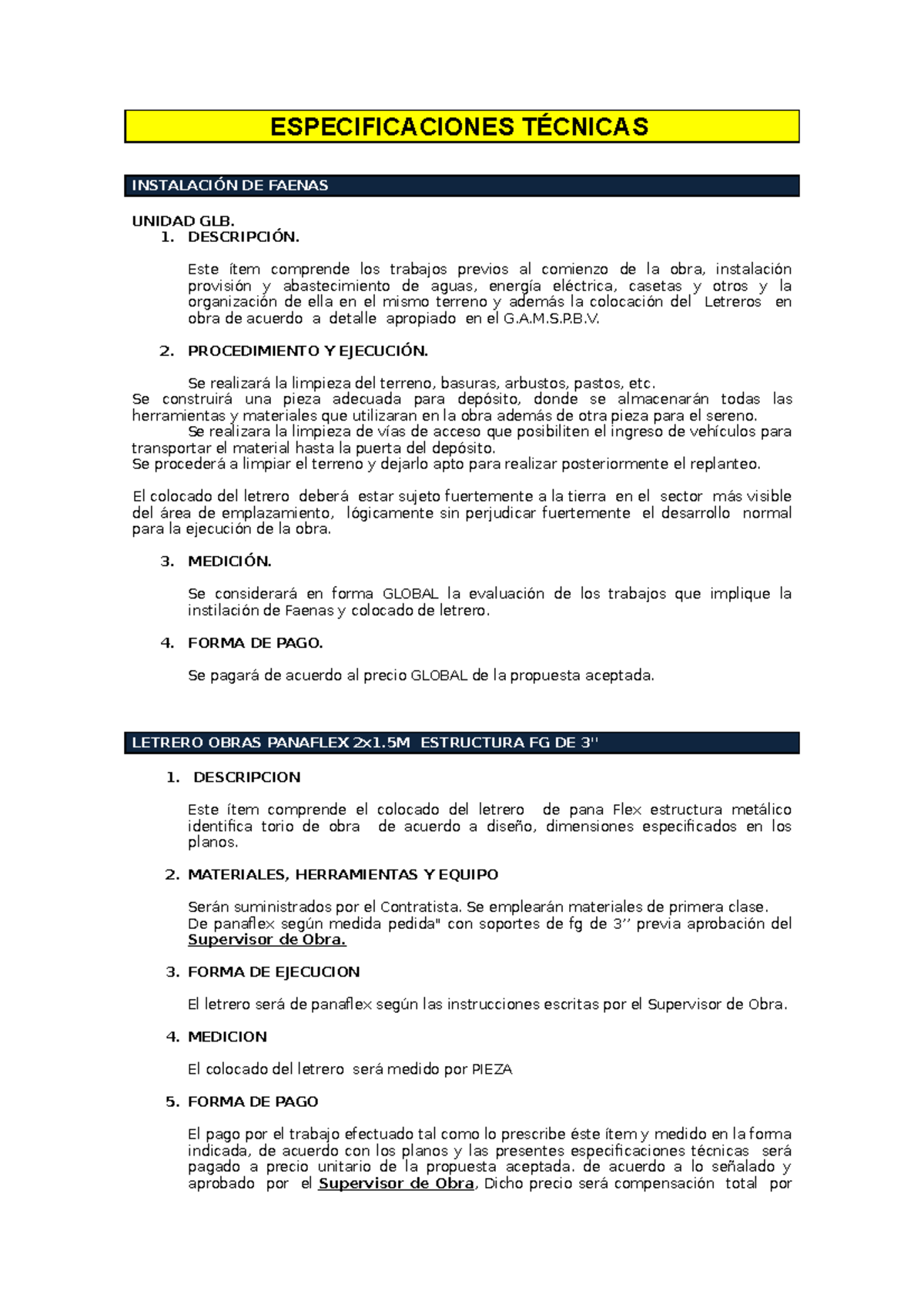 Especificaciones Técnicas DE Cancha DE Futbol - ESPECIFICACIONES TÉCNICAS INSTALACIÓN DE FAENAS ...