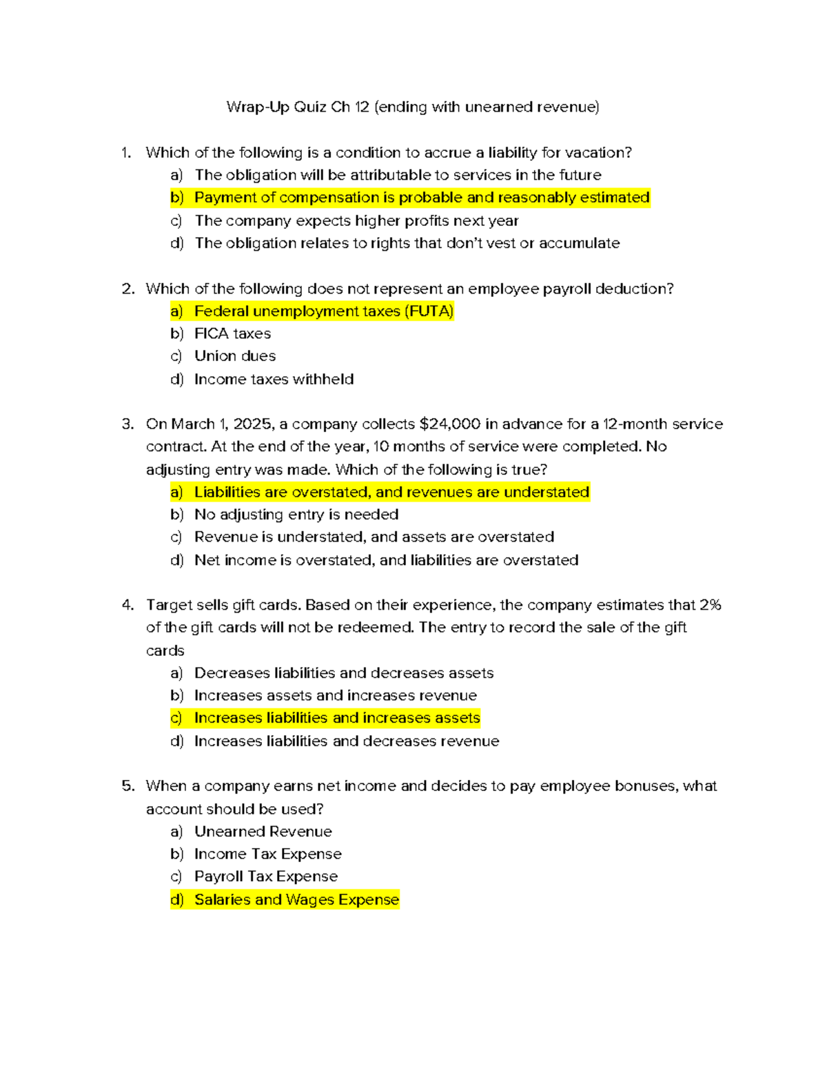 Quiz Ch 12: Unearned Revenue & Payroll Deductions Answers - Studocu