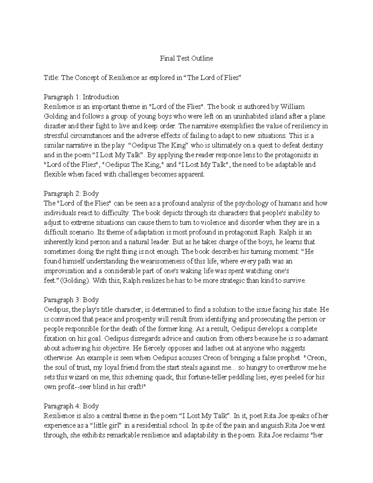 ENG4U Final Test Outline: Exploring Resilience in Literature - Studocu