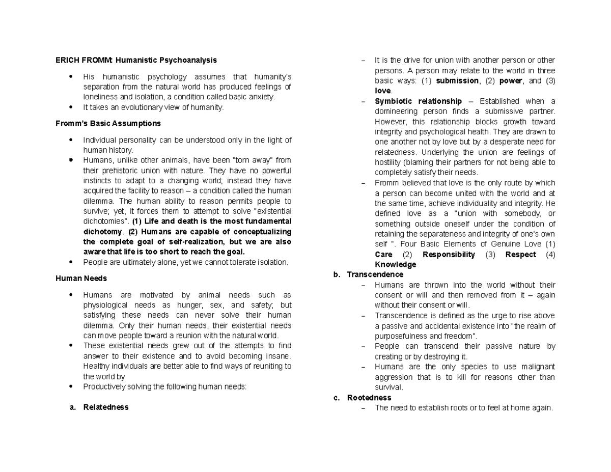 TOP-Fromm: Humanistic Psychoanalysis Lecture Notes - Studocu