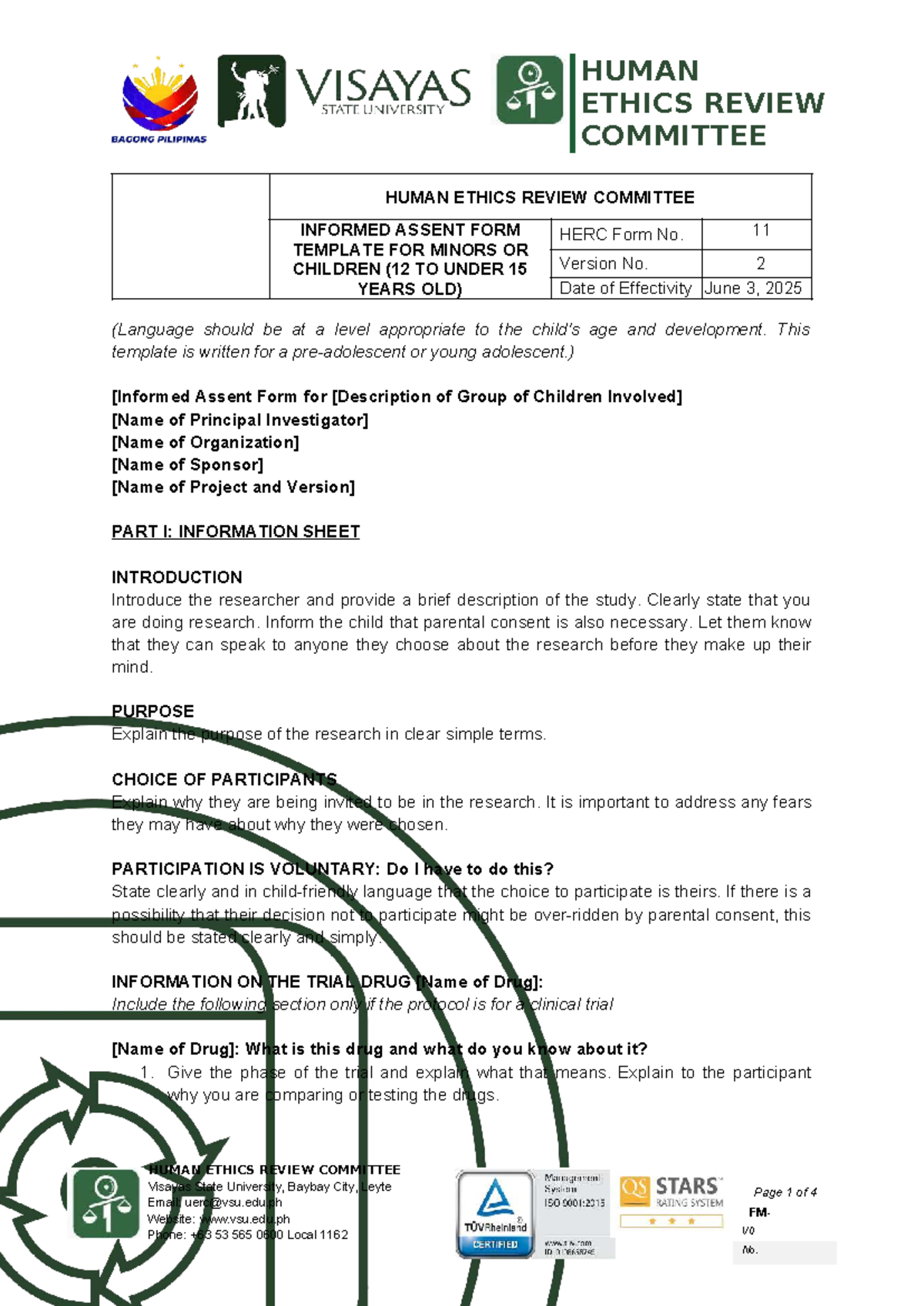 HERC Form No. 11: Informed Assent Template for Minors (12-15) - Studocu