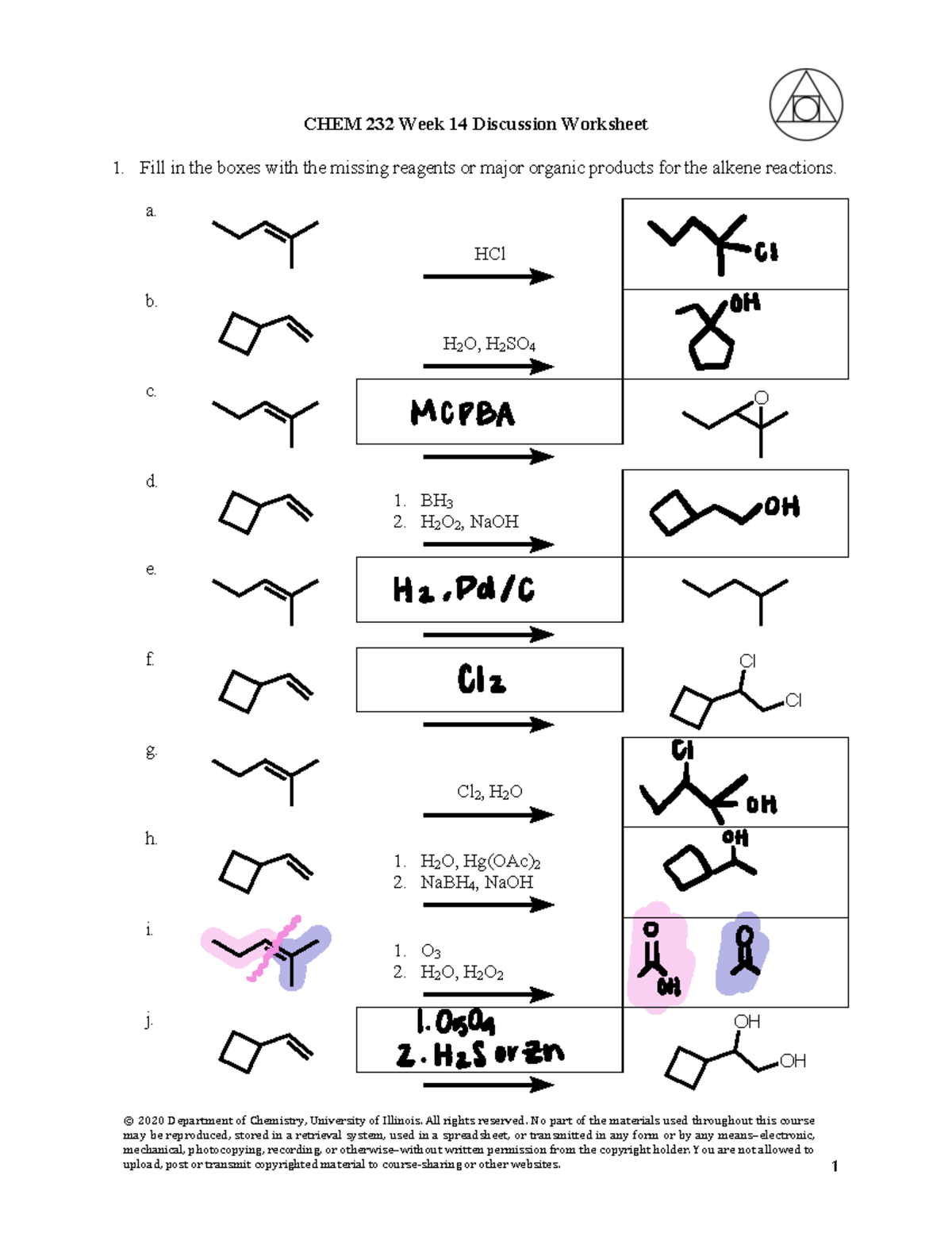 CHEM 232 Week 14 Discussion Worksheet - Alkene Reactions & Mechanisms ...