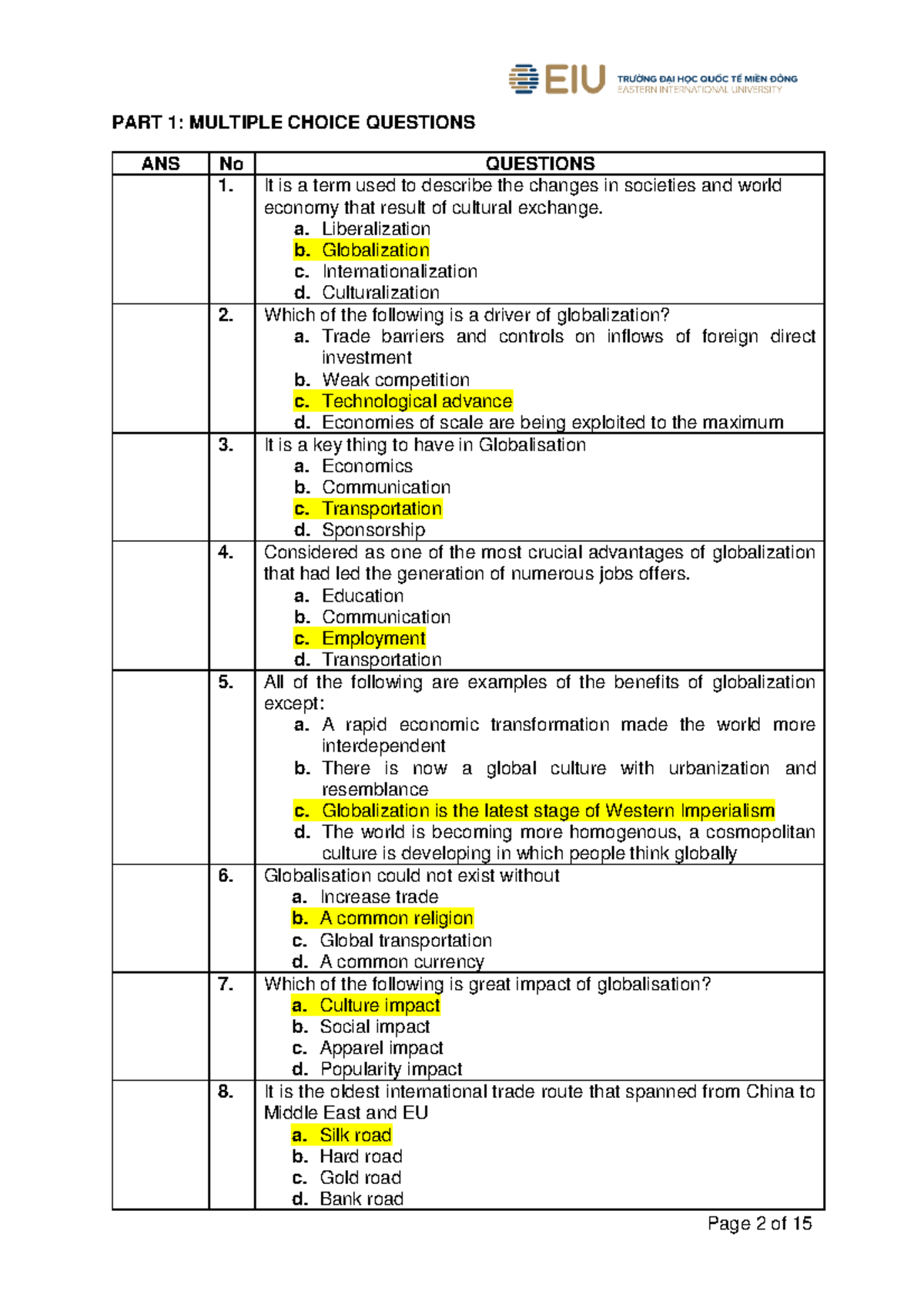 Study Guide for Globalization: Part 1 with Multiple Choice Answers ...