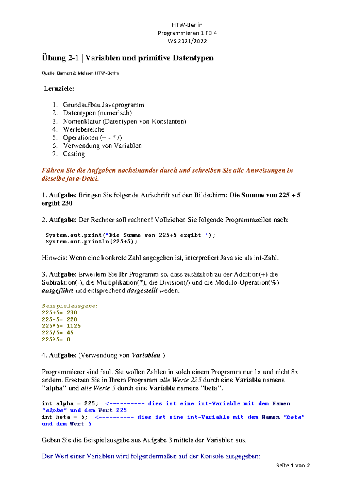 Übungen zu Java (Datentypen, Operatoren etc) - HTW-Berlin Programmieren ...
