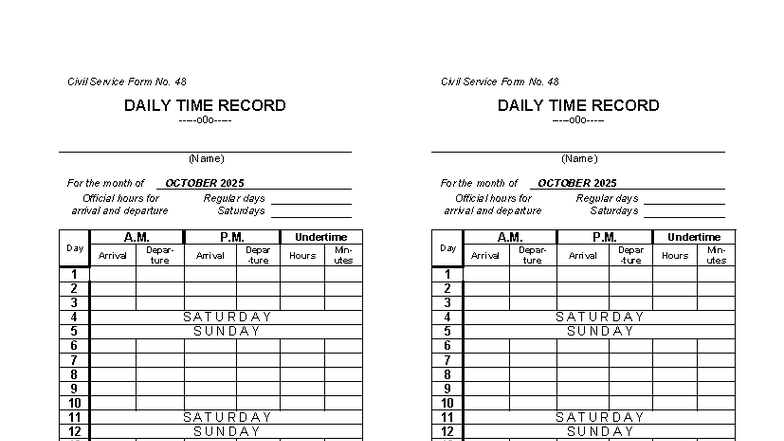 Civil Service Form No. 48: Daily Time Record for October 2025 - Studocu