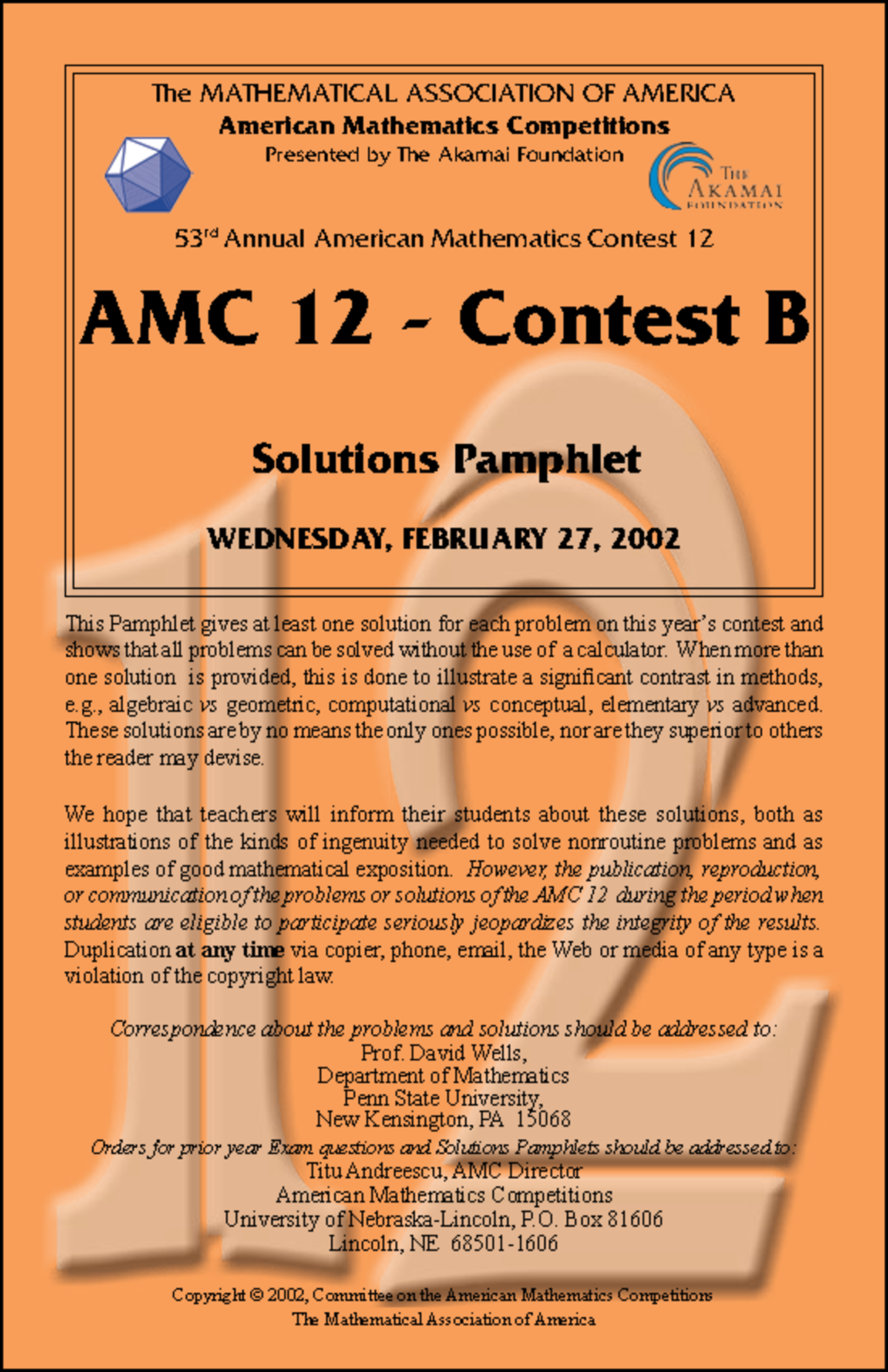 2002 AMC 12B Solutions - The MATHEMATICAL ASSOCIATION OF AMERICA ...
