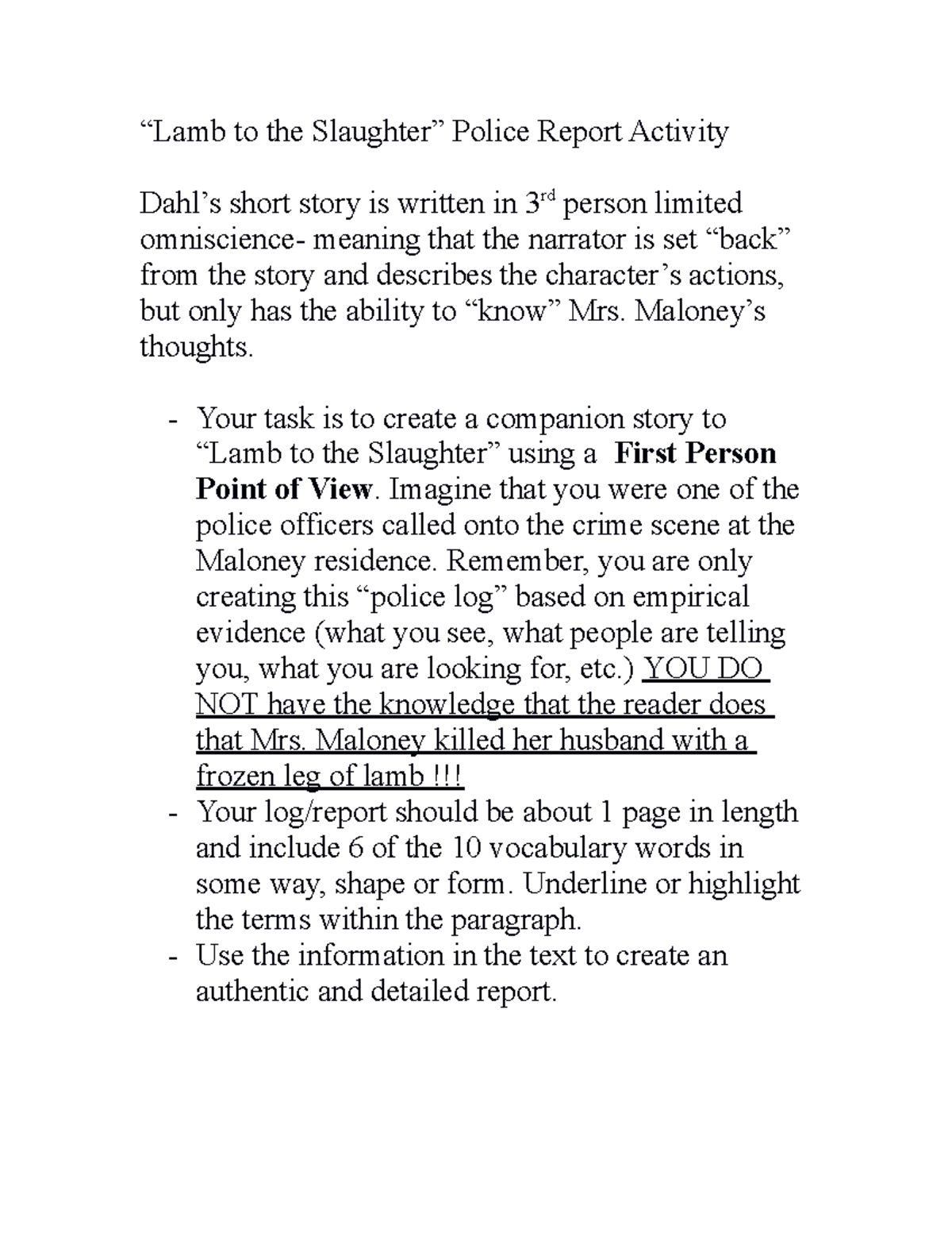 Lamb to the Slaughter: Police Report Activity for Story Companion - Studocu