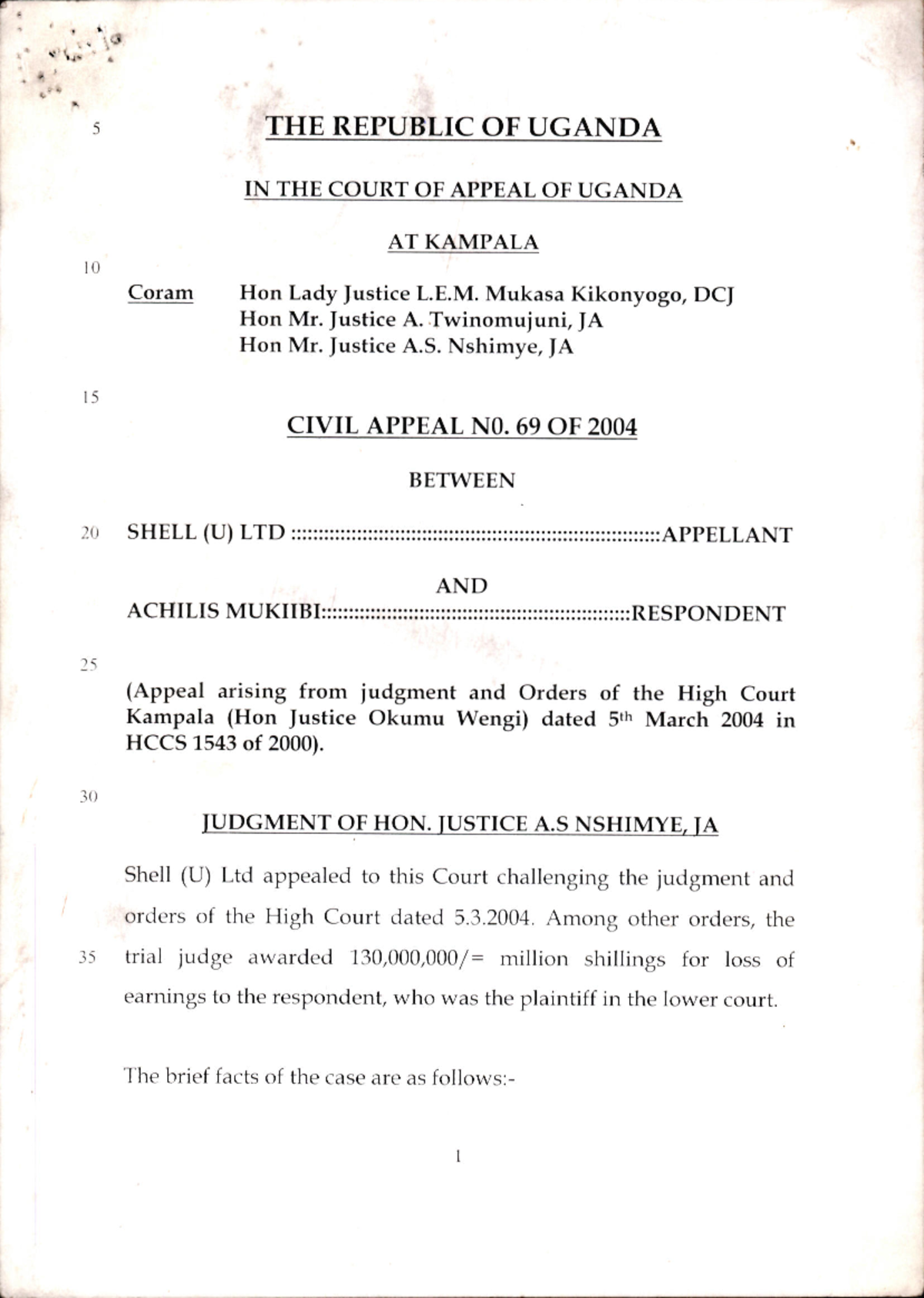Civil Appeal No. 69 of 2004: Shell (U) Ltd v. Mukiibi Judgment Analysis ...