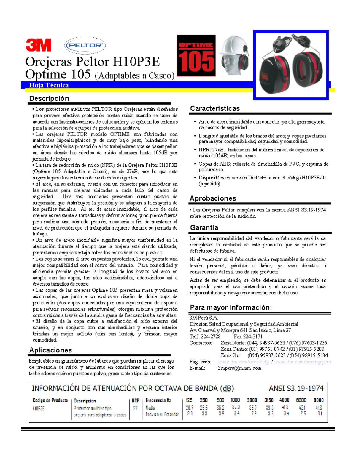 Ficha Técnica: Orejeras Peltor H10P3E Optime 105 - Protección Auditiva - Studocu