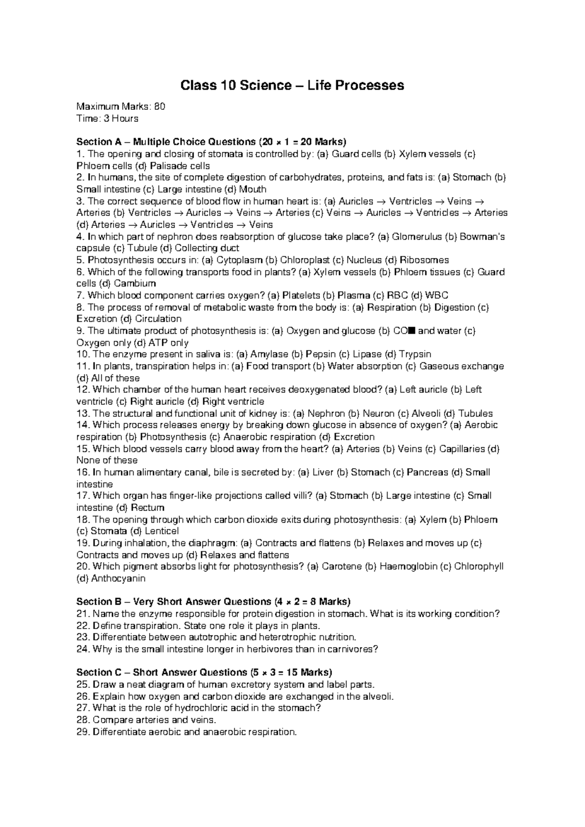 Class 10 Science Life Processes Question Paper - Max Marks 80 - Studocu