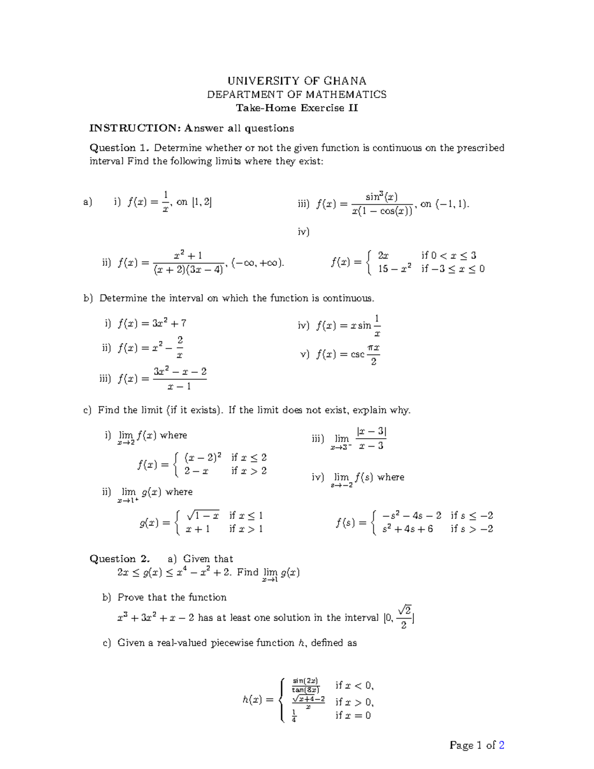 Ex 2 - MATH 126 Continuous Functions & Limits Analysis - Studocu