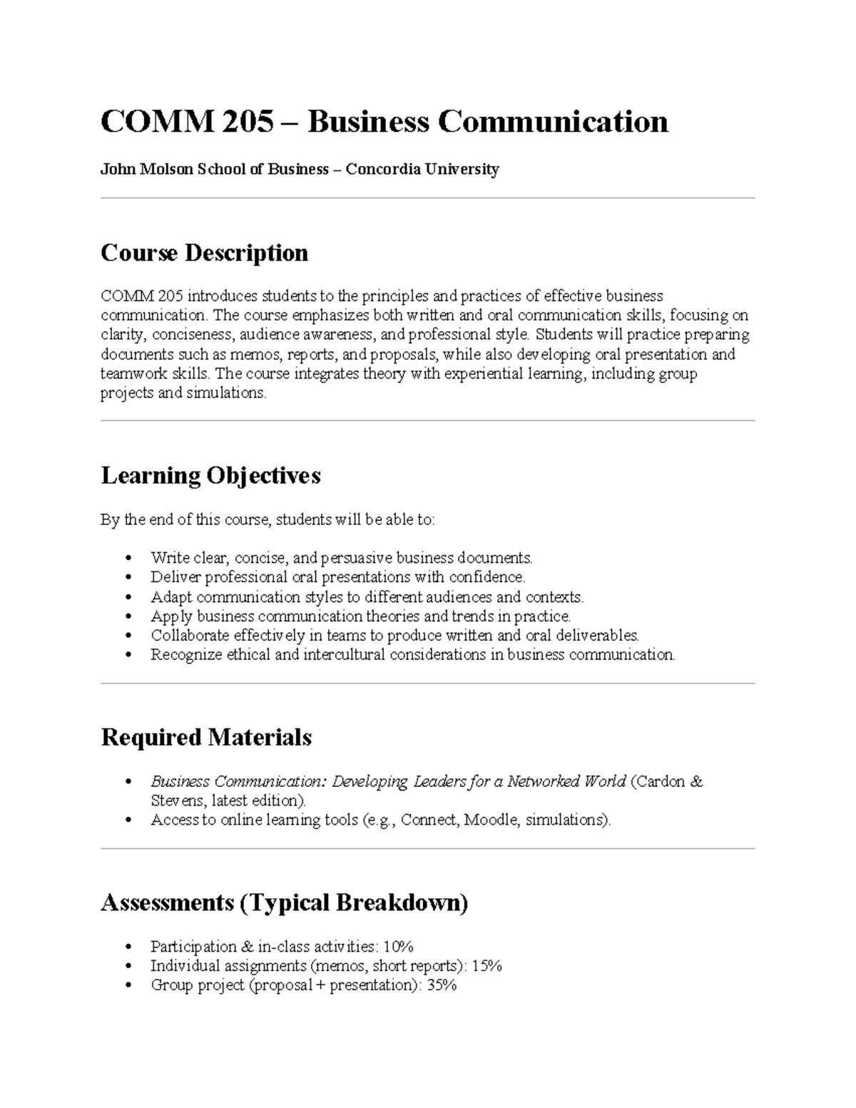 COMM 205 Business Communication Course Outline and Objectives - Studocu