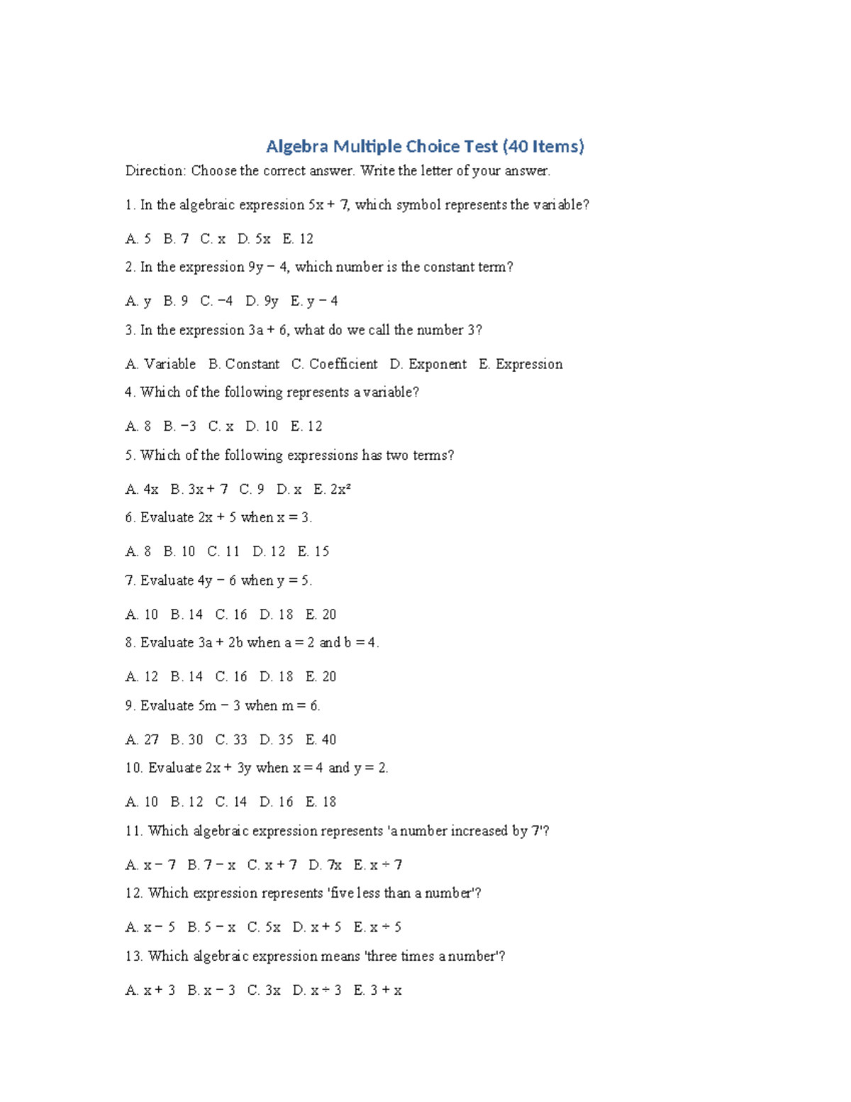 Algebra 40-Item Multiple Choice Test (MATH) - Studocu