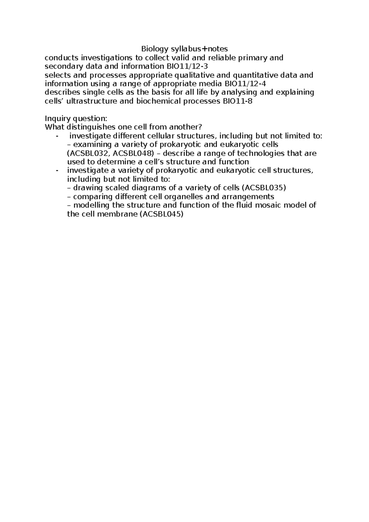 Biology Syllabus: Investigating Cell Structures & Functions (ACSBL032 ...