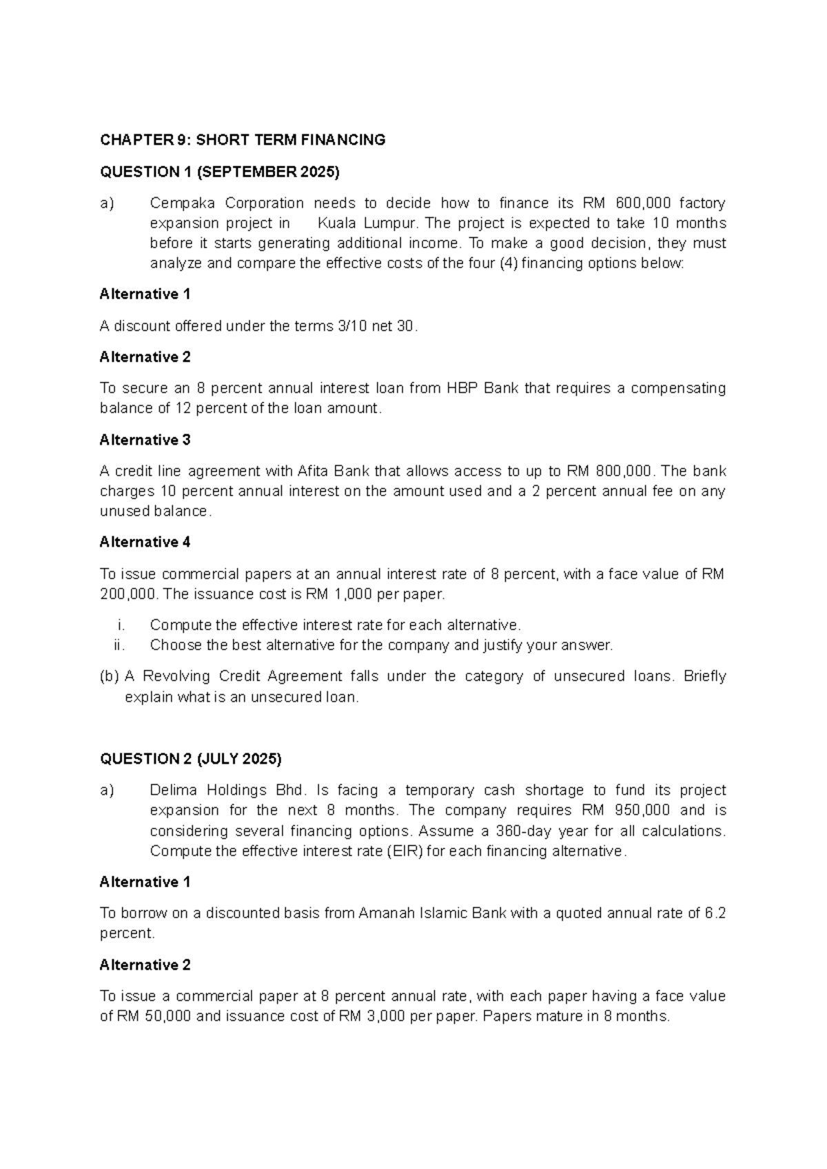 CHAPTER 9: SHORT-TERM FINANCING TUTORIAL (SEPT 2025) - Studocu