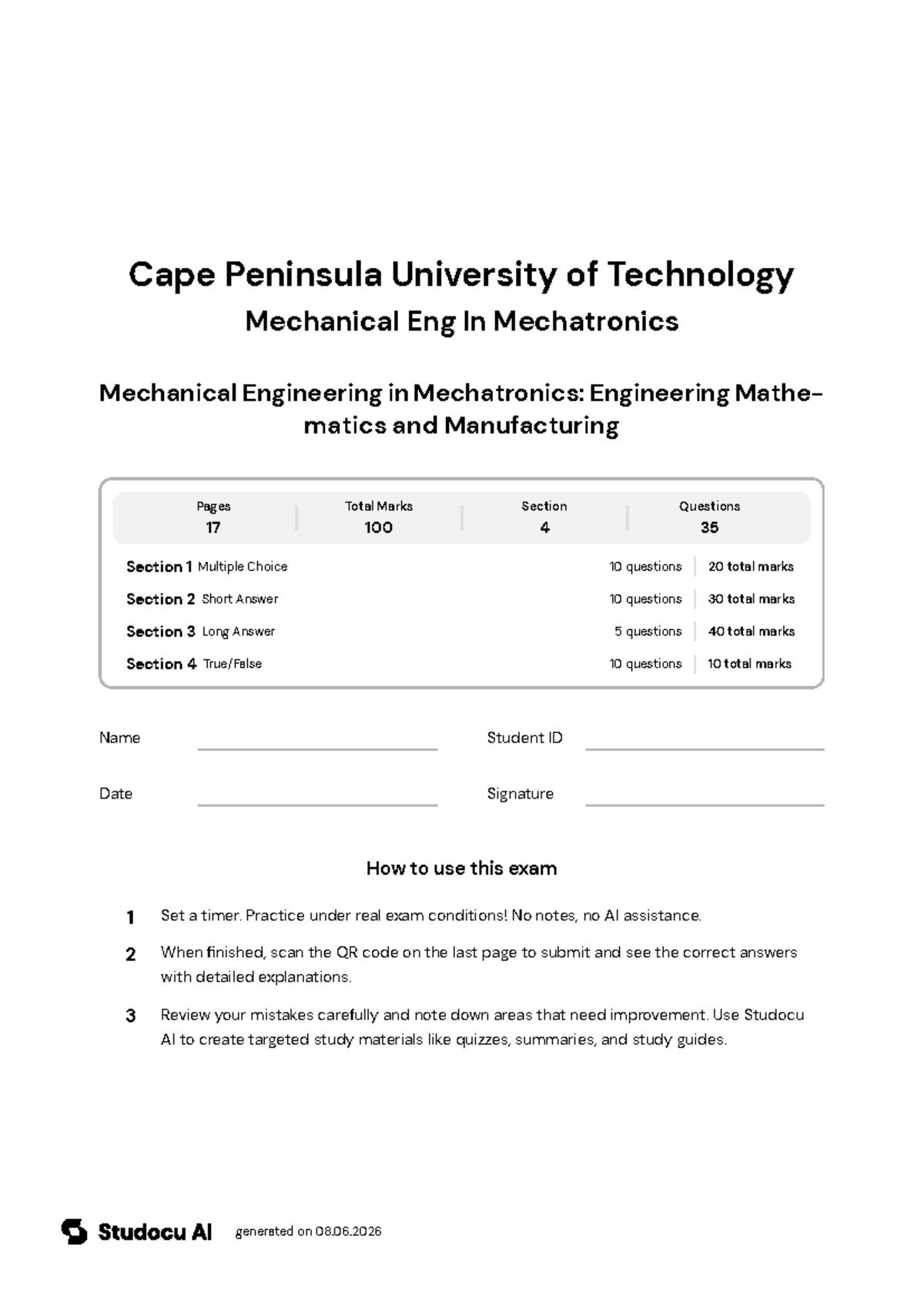 Final Exam: Mechanical Engineering in Mechatronics - Studocu