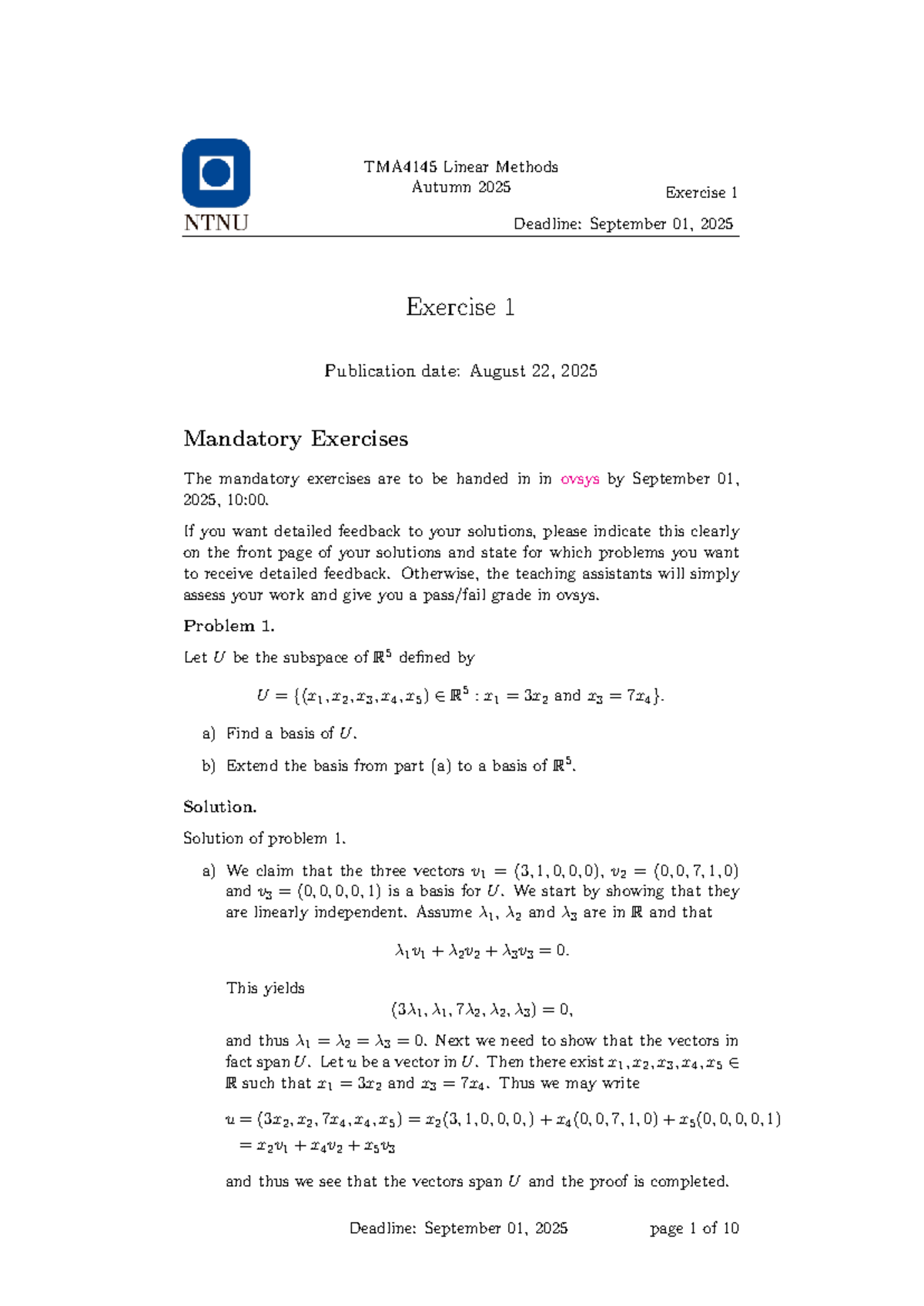 TMA4145 Linear Methods Autumn 2025 Exercise 1 Solutions - Studocu