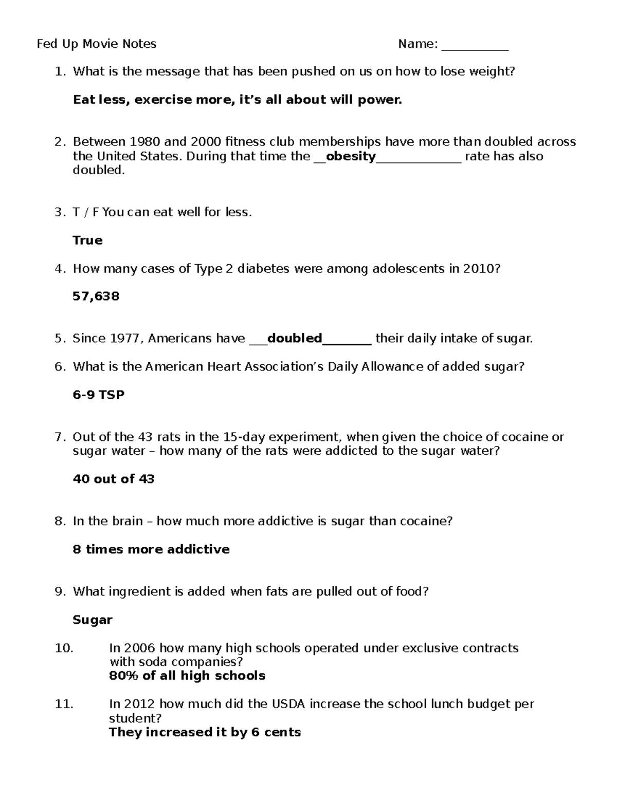 Fed-Up Movie Lecture Note Answer Questions - Fed Up Movie Notes Name ...