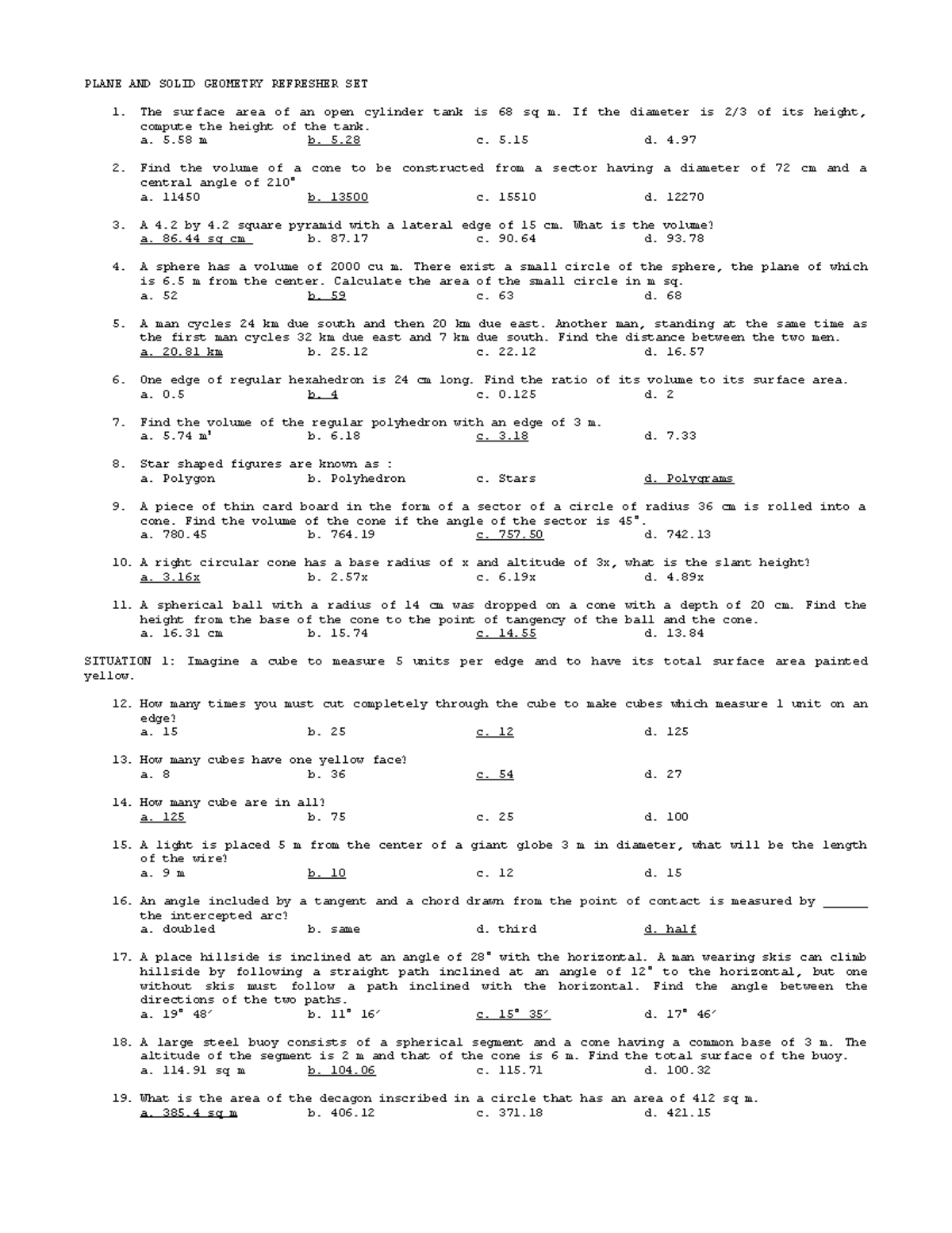 Plane & Solid Geometry Practice Set: Key Formulas & Problems - Studocu