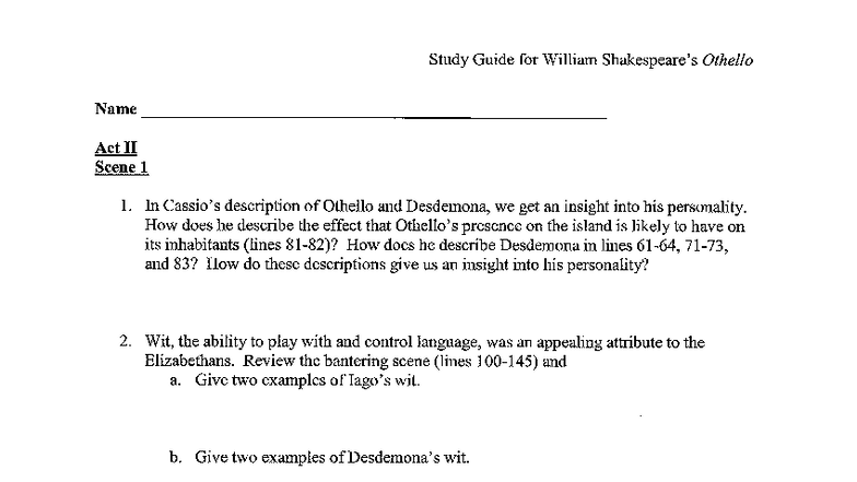 Othello (ENG 101) Act II Scene 1 Study Guide & Analysis Questions - Studocu