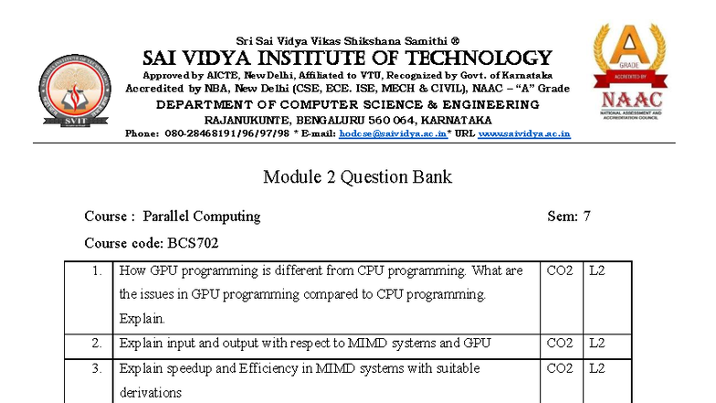 Module 2 Question Bank - Parallel Computing (BCS702) - Studocu