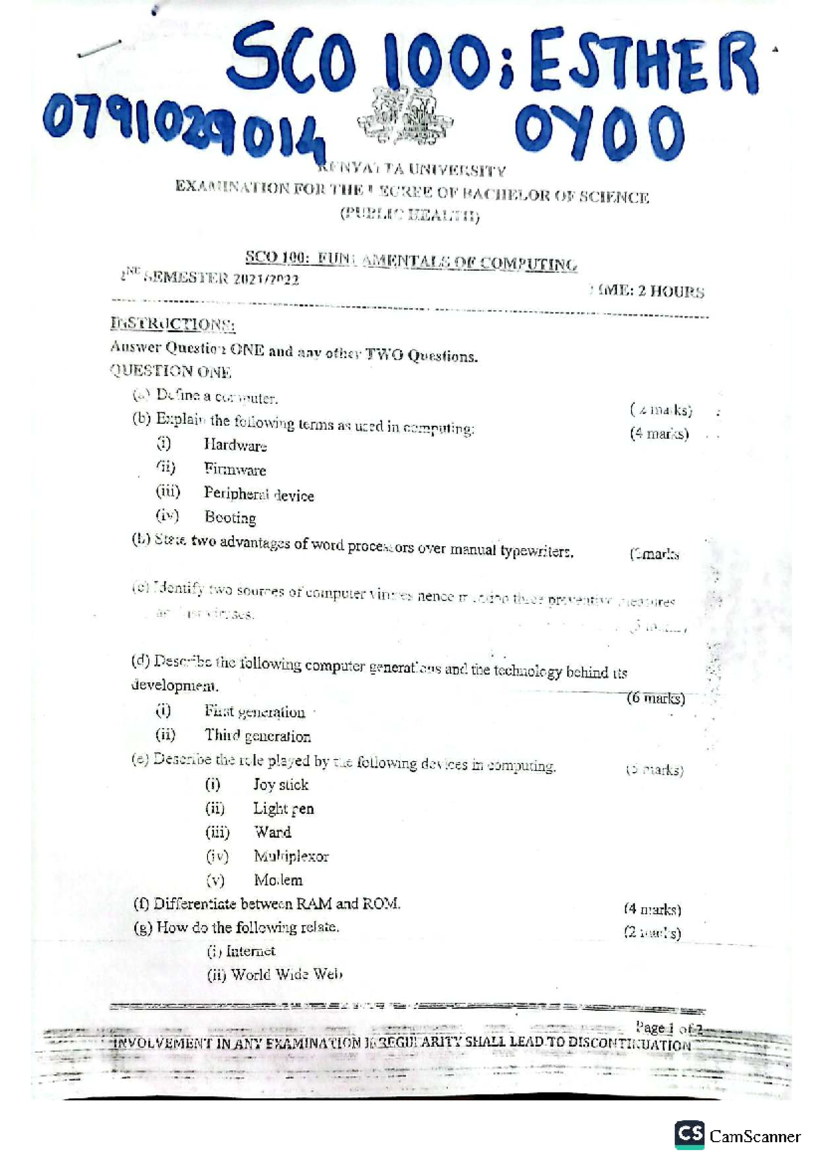 SCO 100: Fundamentals of Computing Exam Paper - Esther OYOO - Studocu
