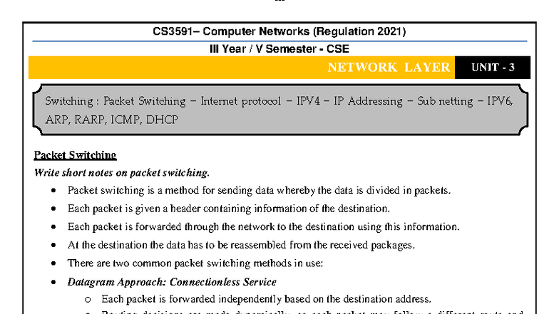 CSE 2021: Unit 3 - Network Layer & Packet Switching Overview - Studocu